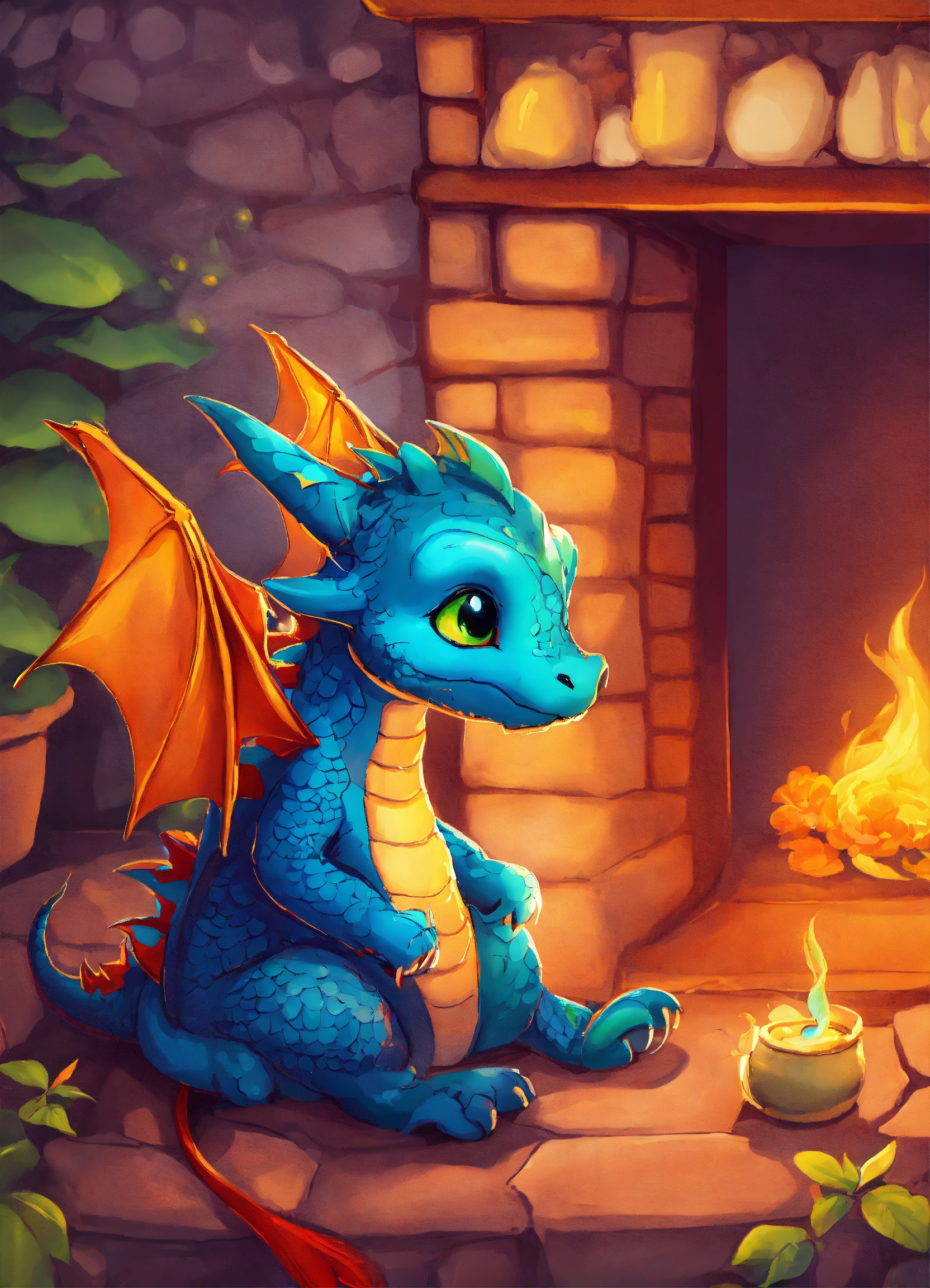 Lexica - Little cute dragon sleeps near the fireplace fine art art station