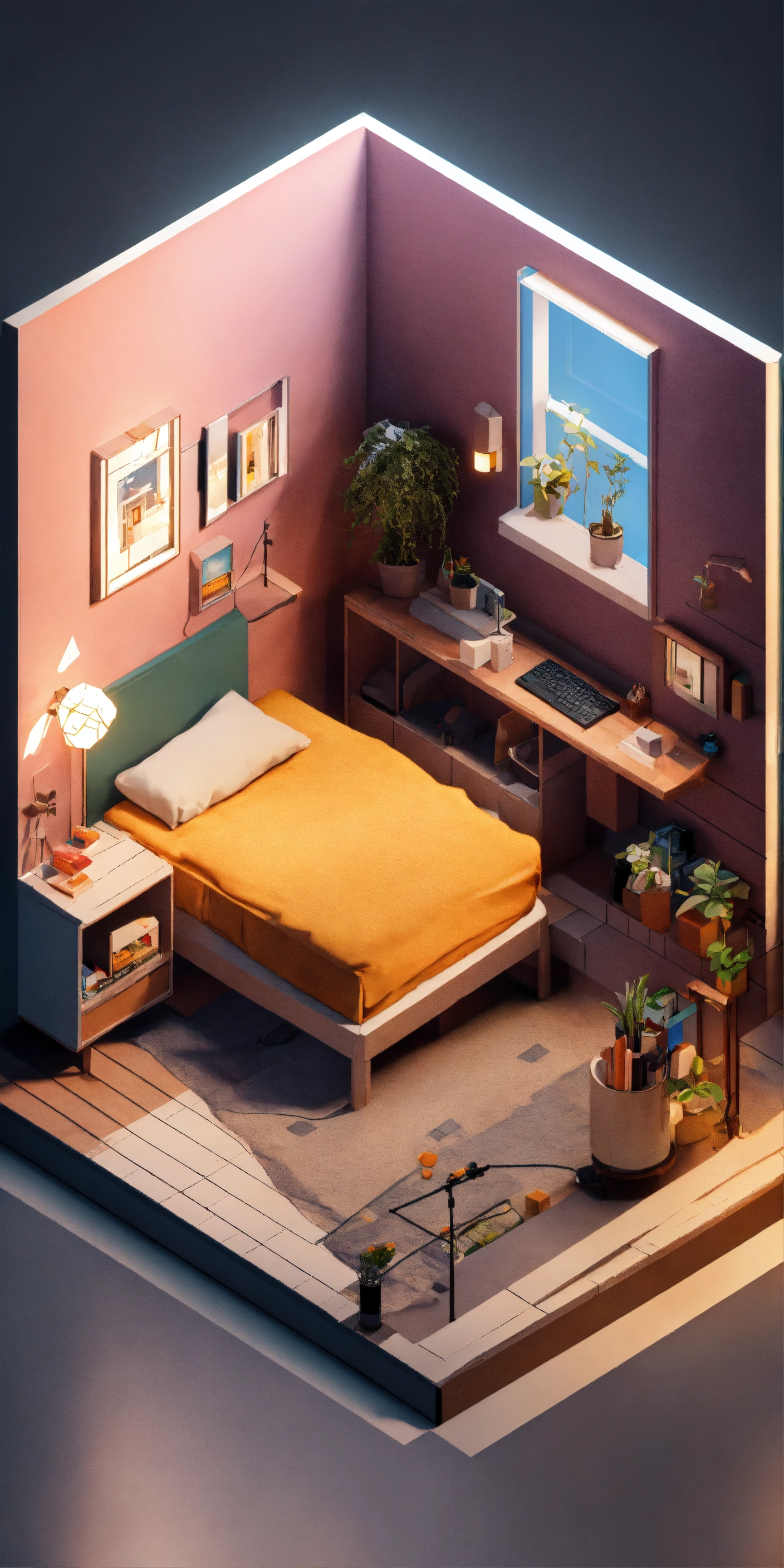 Lexica - Cube cutout of an isometric programmer bedroom, 3d art, muted ...