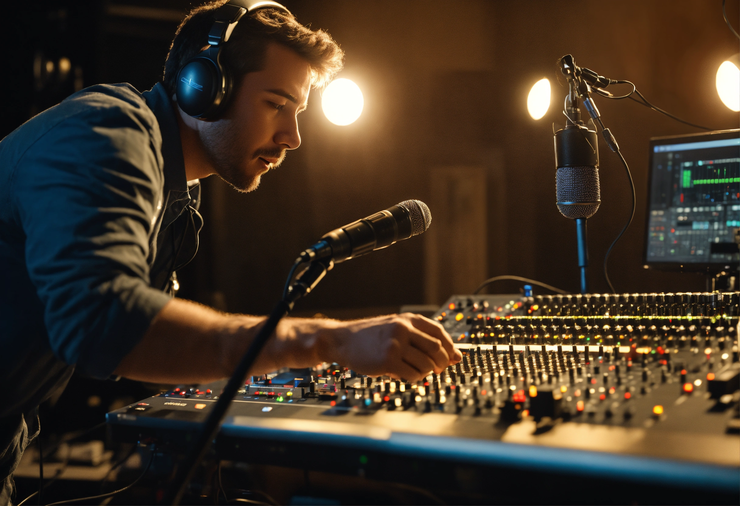 Lexica - The sound engineer installs microphones on the set. He pulls ...