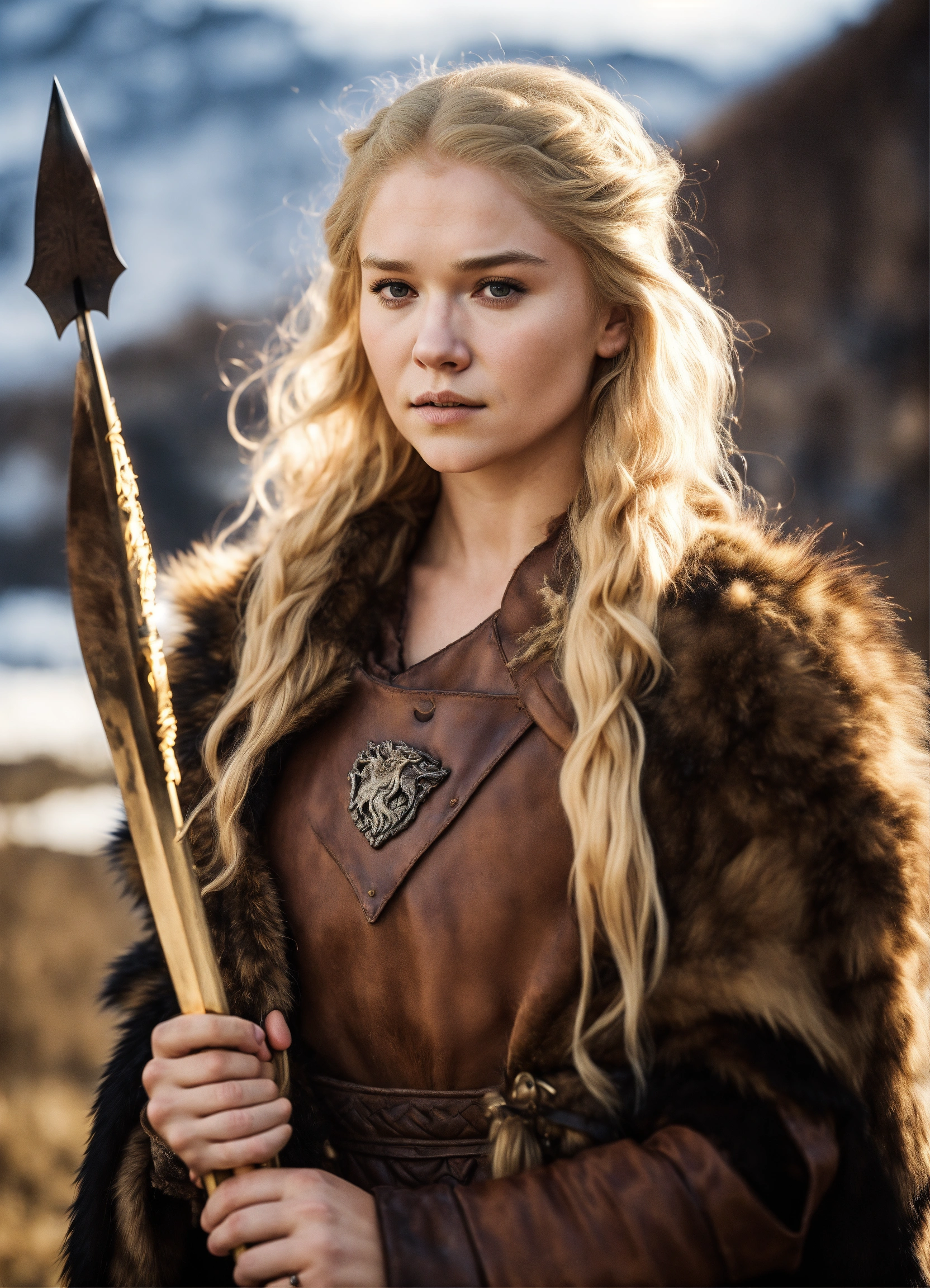 Lexica - Game of thrones blonde wildling warrior girl in furs with a spear