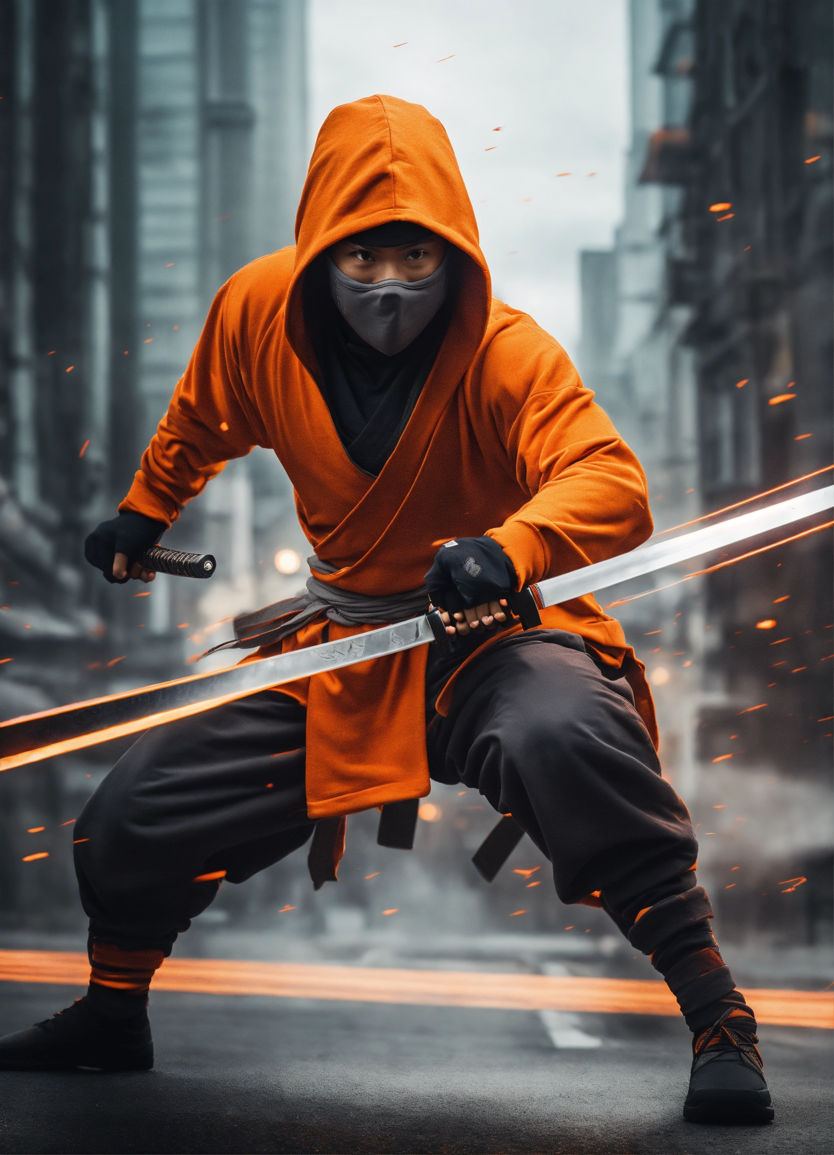 Lexica - A male ninja wearing an orange hoodie and mask with grey as a ...