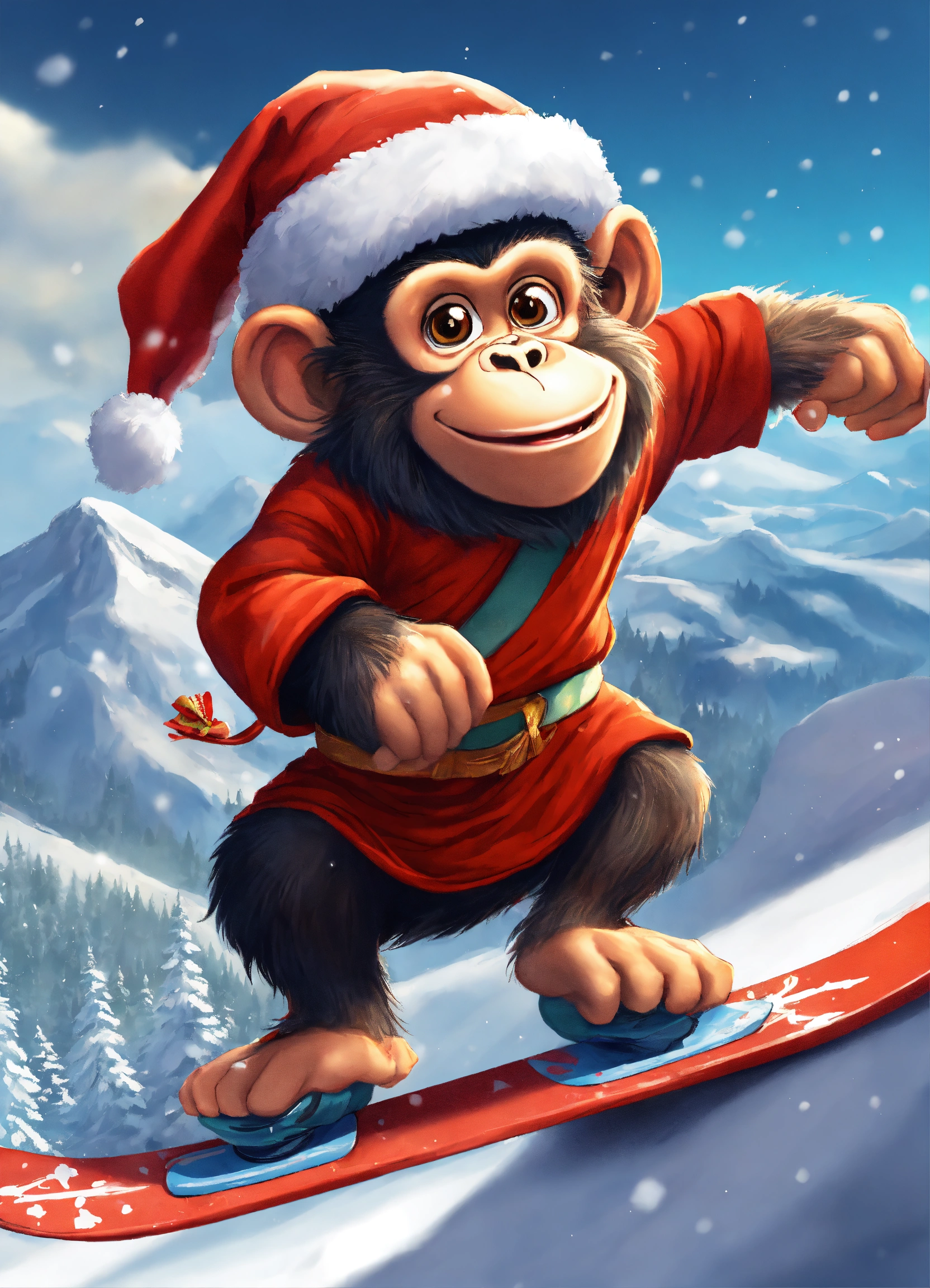 Lexica - Cartoon chimp monk wearing a Santa hat snowboarding down a mountain, Disney, Pixar ...