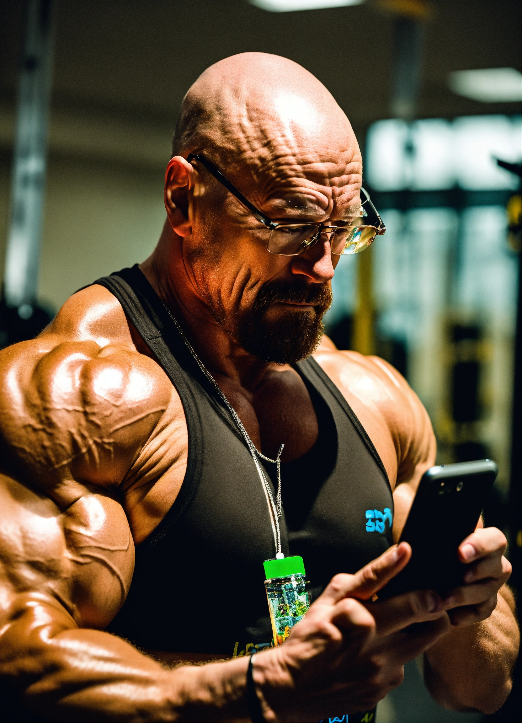 Lexica - Bodybuilder Walter White on his phone in the gym