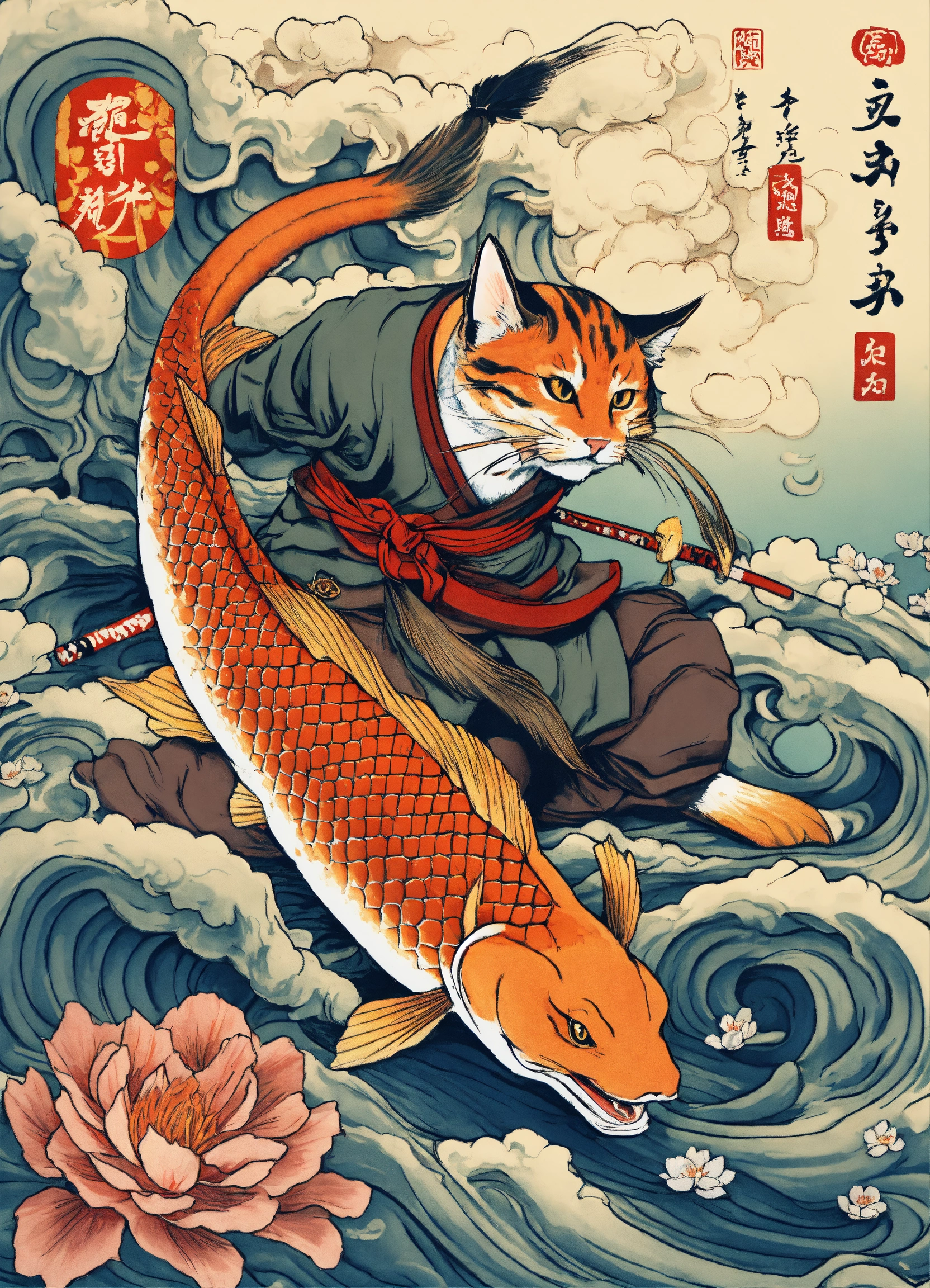Lexica - T-shirt design, samurai cat riding on a big carp koi, by Kanō ...