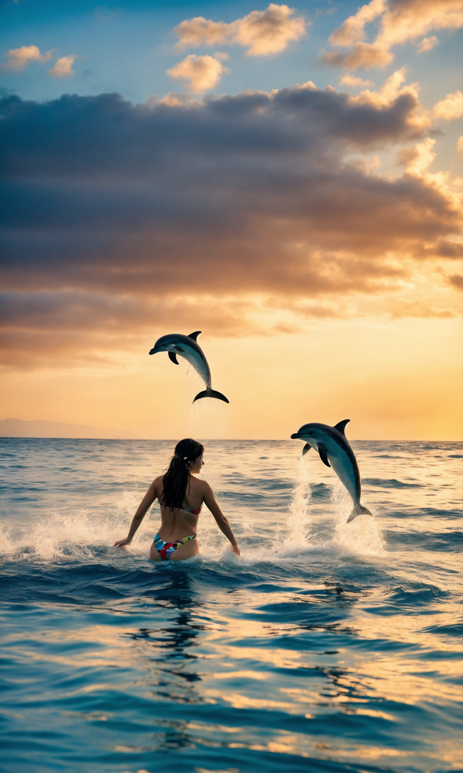 Lexica - A photographic image of a lady swimming with dolphins in the sea.