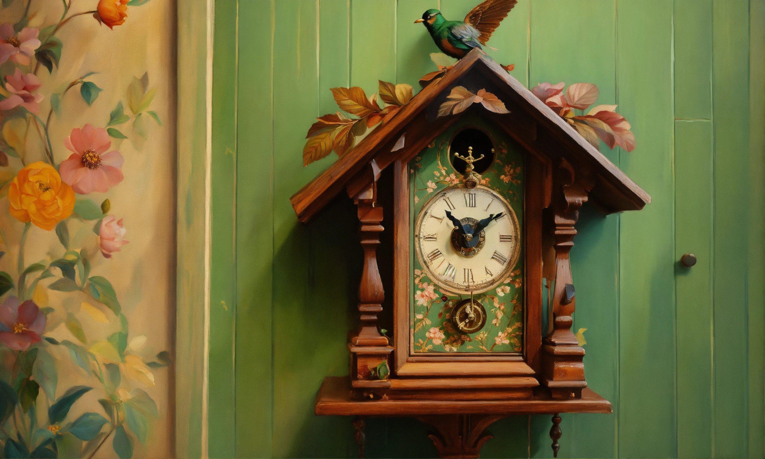 Lexica - An oil painting of old cuckoo clock on a light green wall. The ...