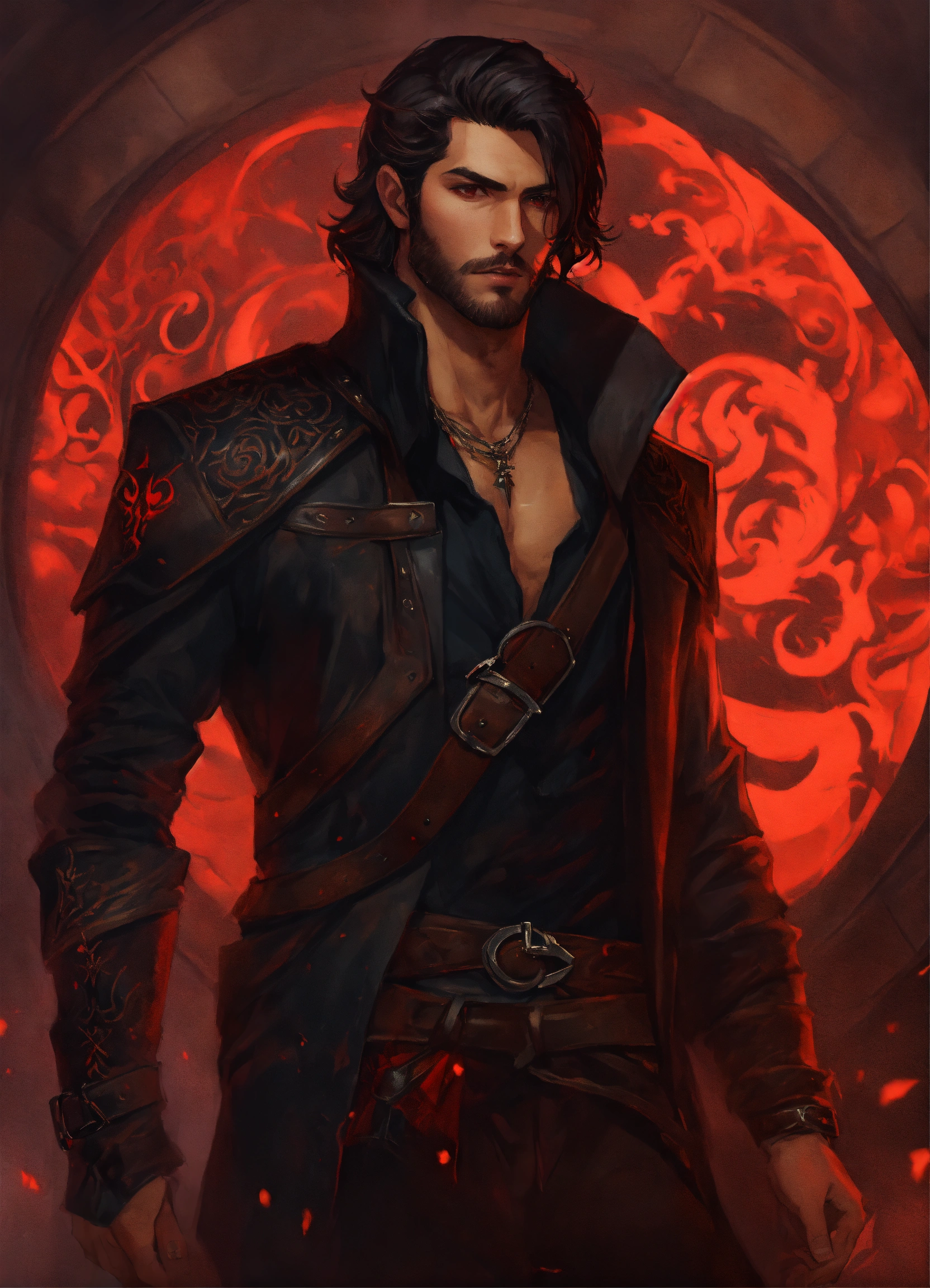 Lexica - A handsome rogue with dark magic his chest covered in red ...