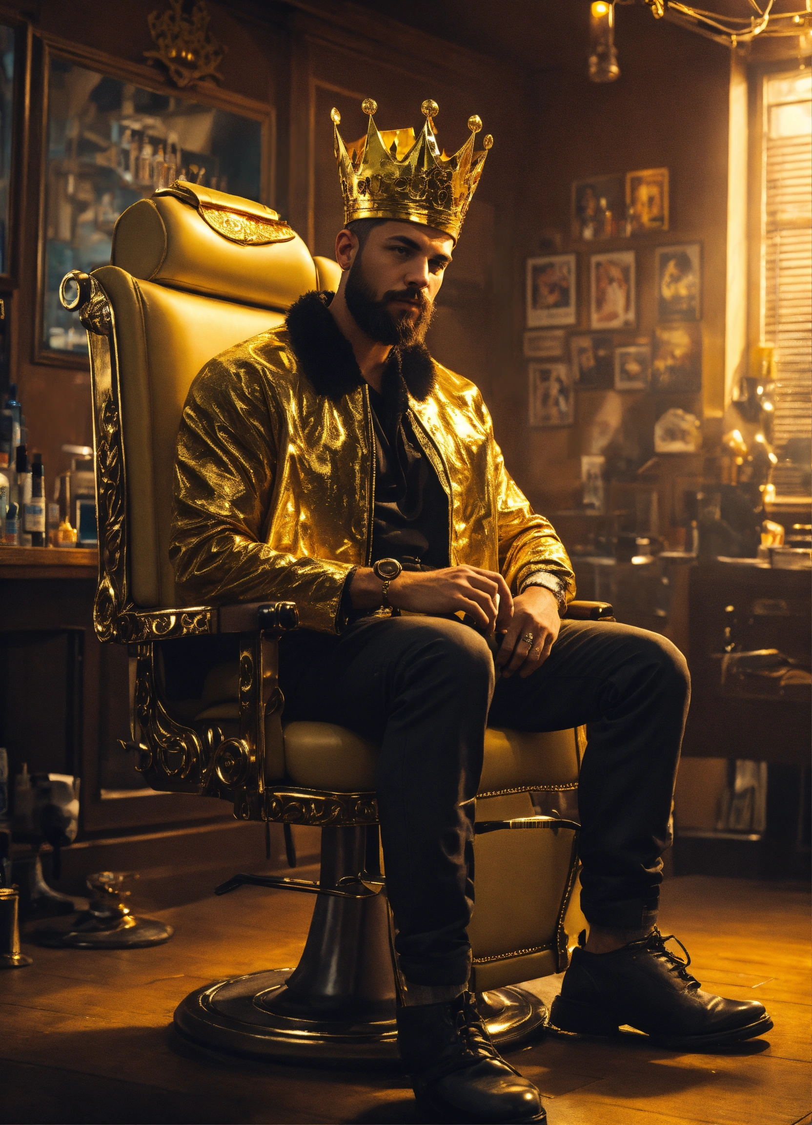 Lexica - A cool barberman wearing golden crown over his head sitting on ...