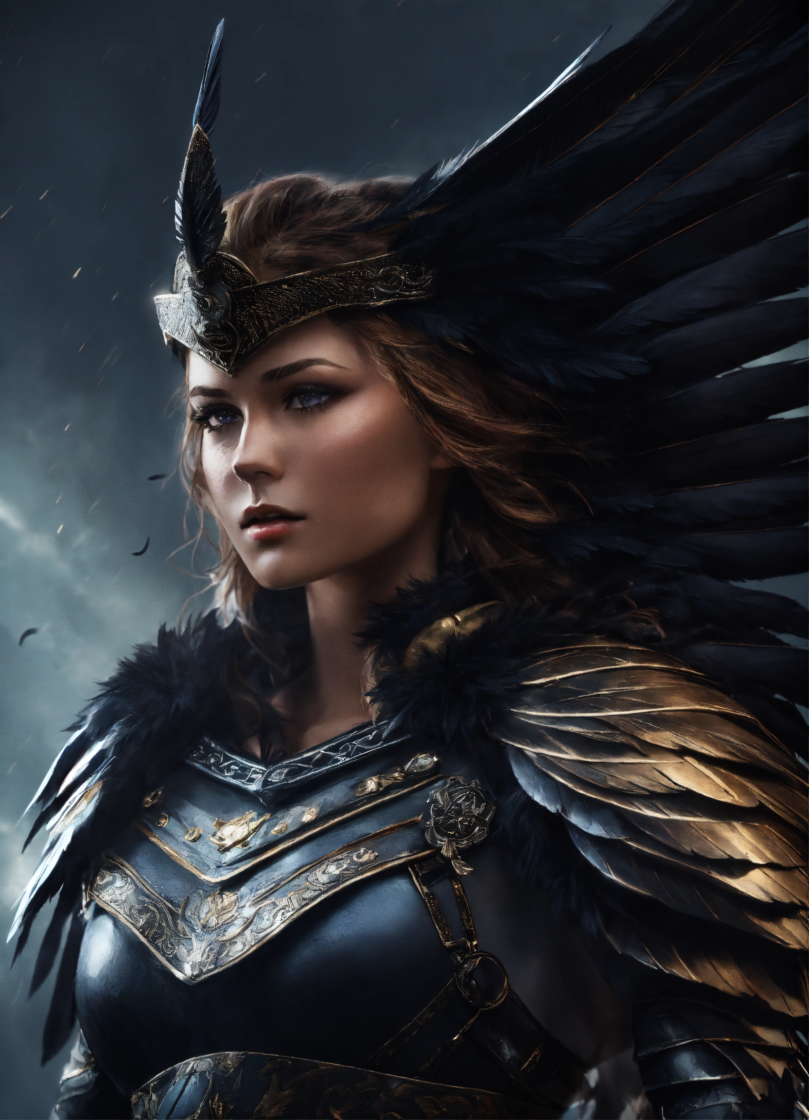 Lexica - Valkyrie, raven , black bird background, dramatic, lightning ...