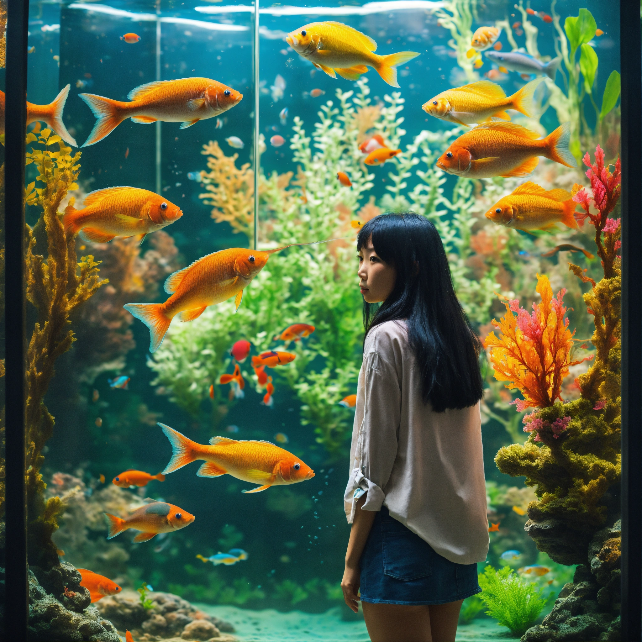 Lexica - An asian girl stands behind a large fish tank, we see her ...