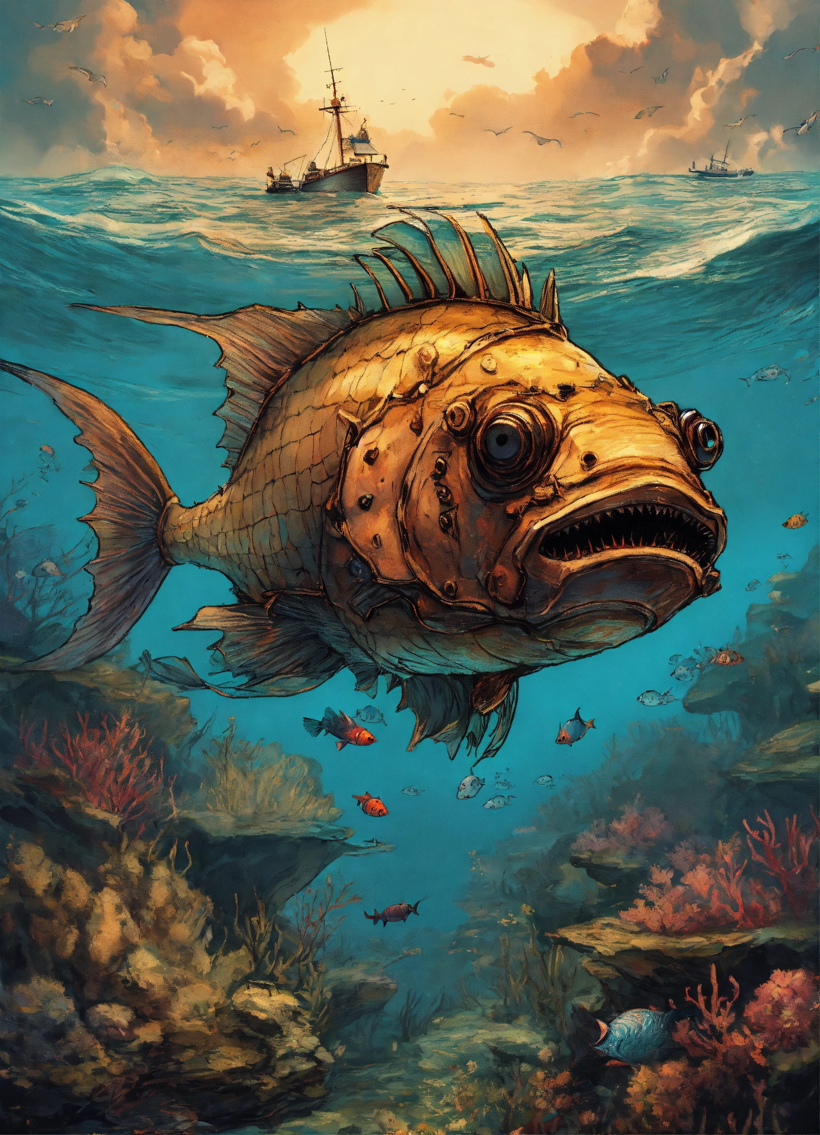 Lexica - A angler fish underwater a boat marine life. ocean below sky ...