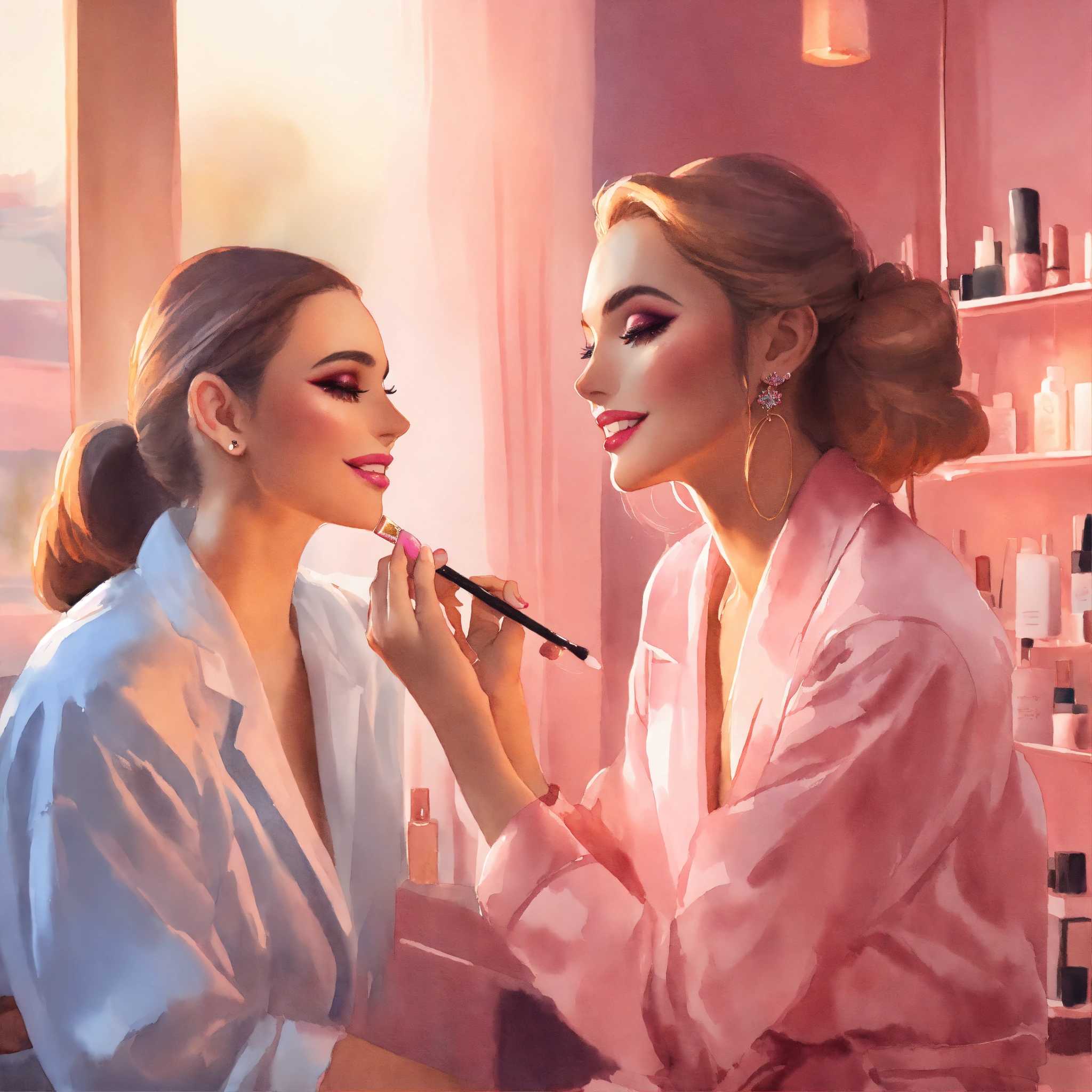 Lexica - A beautiful makeup artist puts on makeup a beautiful client ...