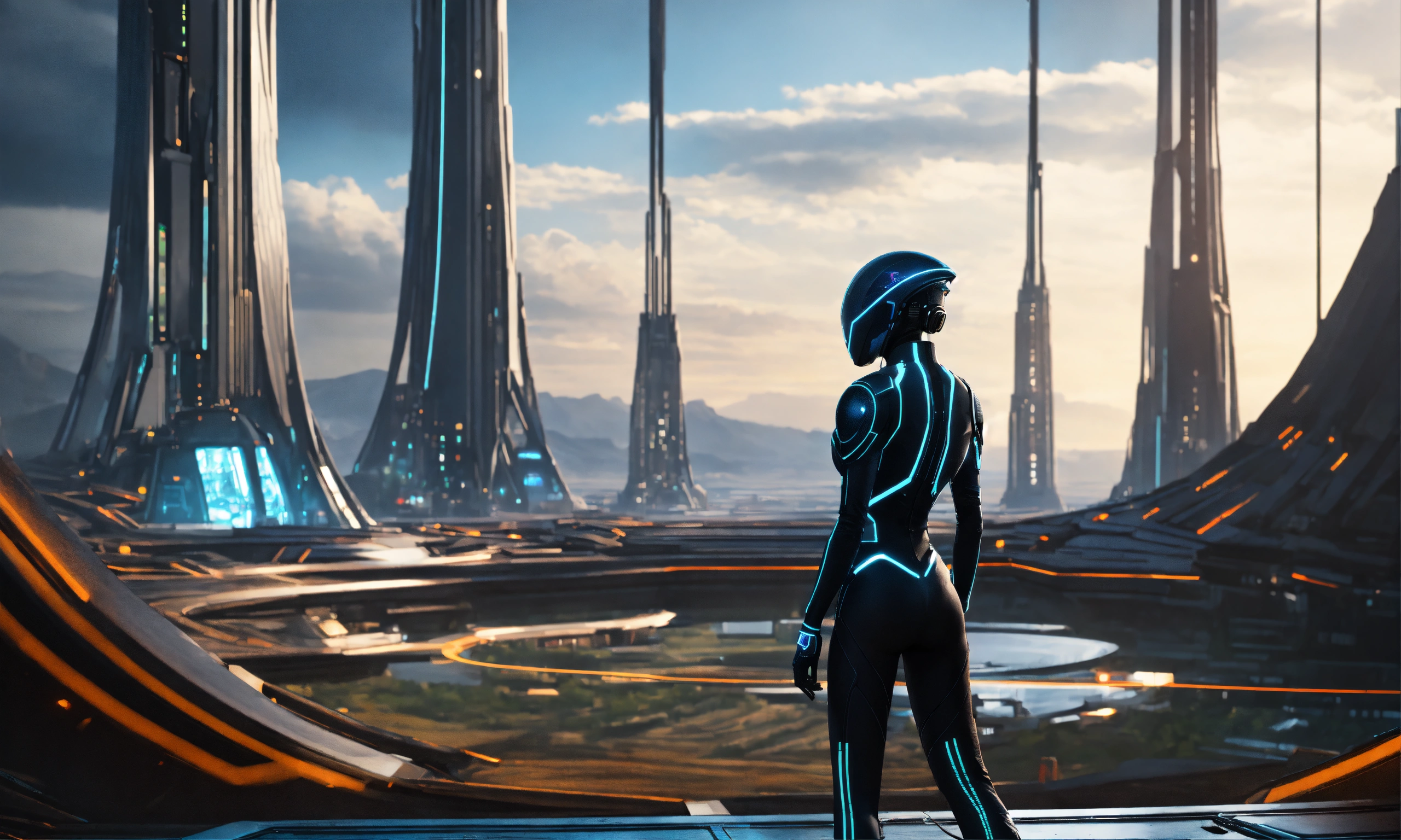 Lexica - Wide shot of the back of a female super spy wearing a tight ...