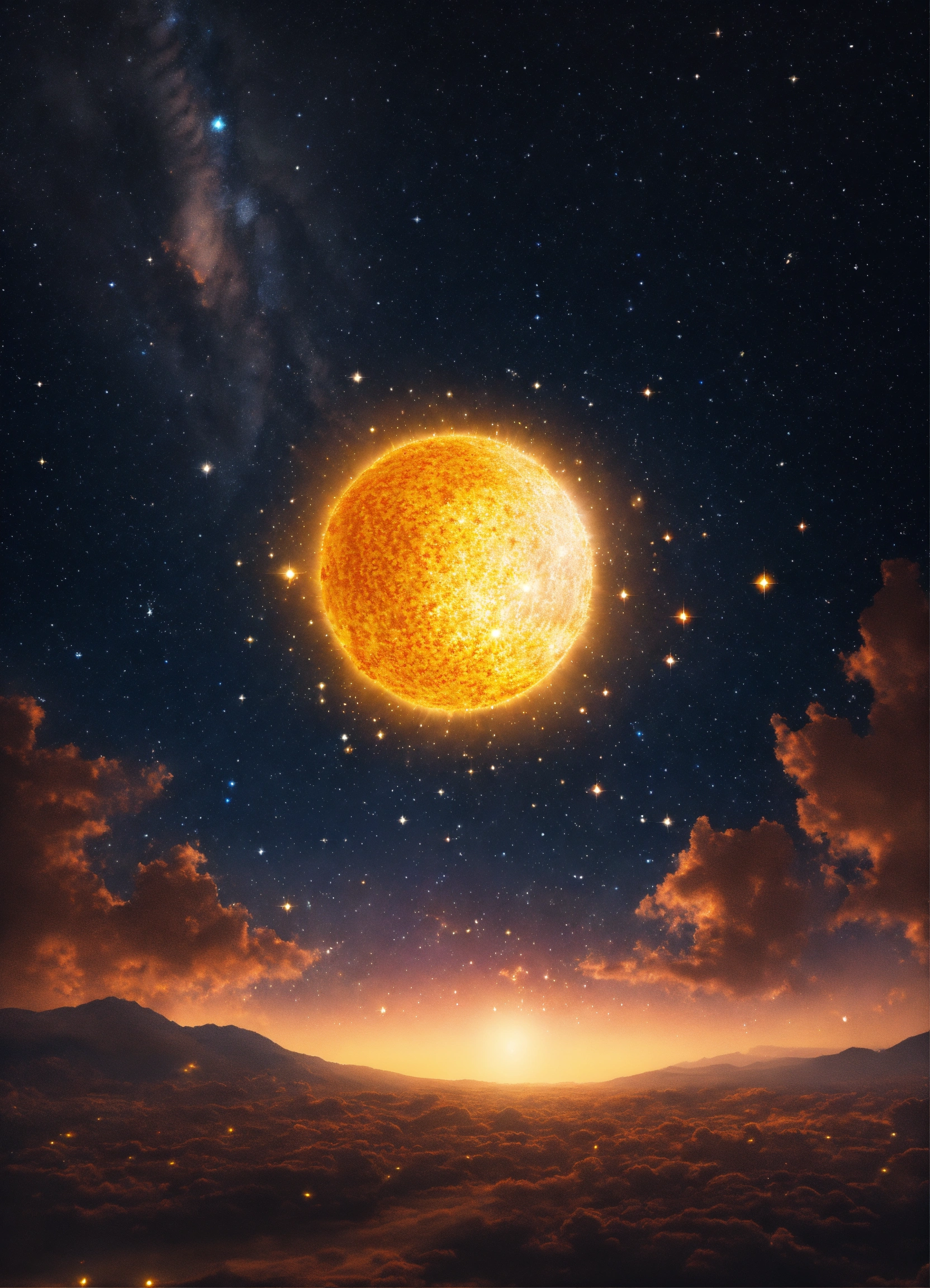 Lexica - Realistic drawing of the sun, in the background starry sky in ...
