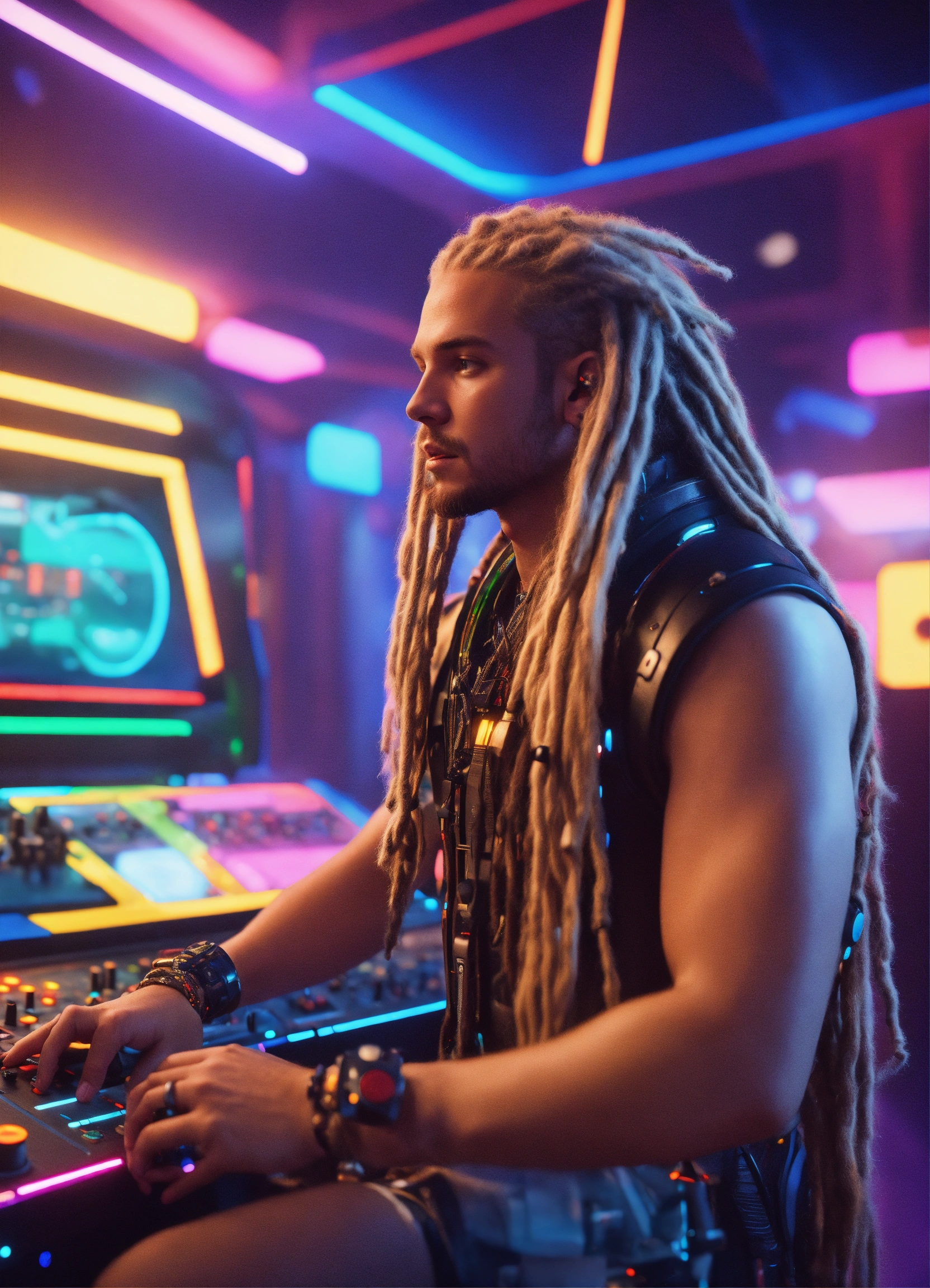 Lexica - Caucasian male with long blonde dreadlocks wearing futuristic ...