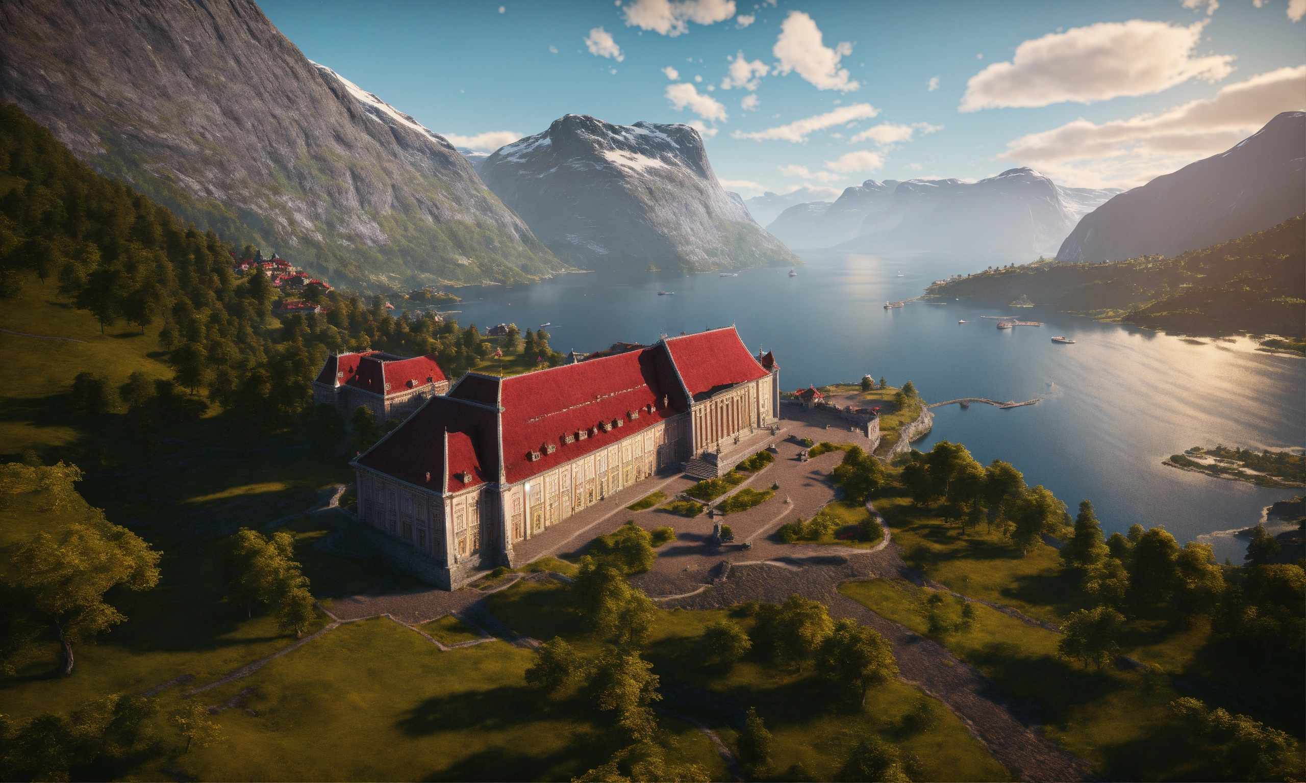 Lexica - Full image of a massive royal palace with a maroon roof on a cliff overlooking a Fjord ...