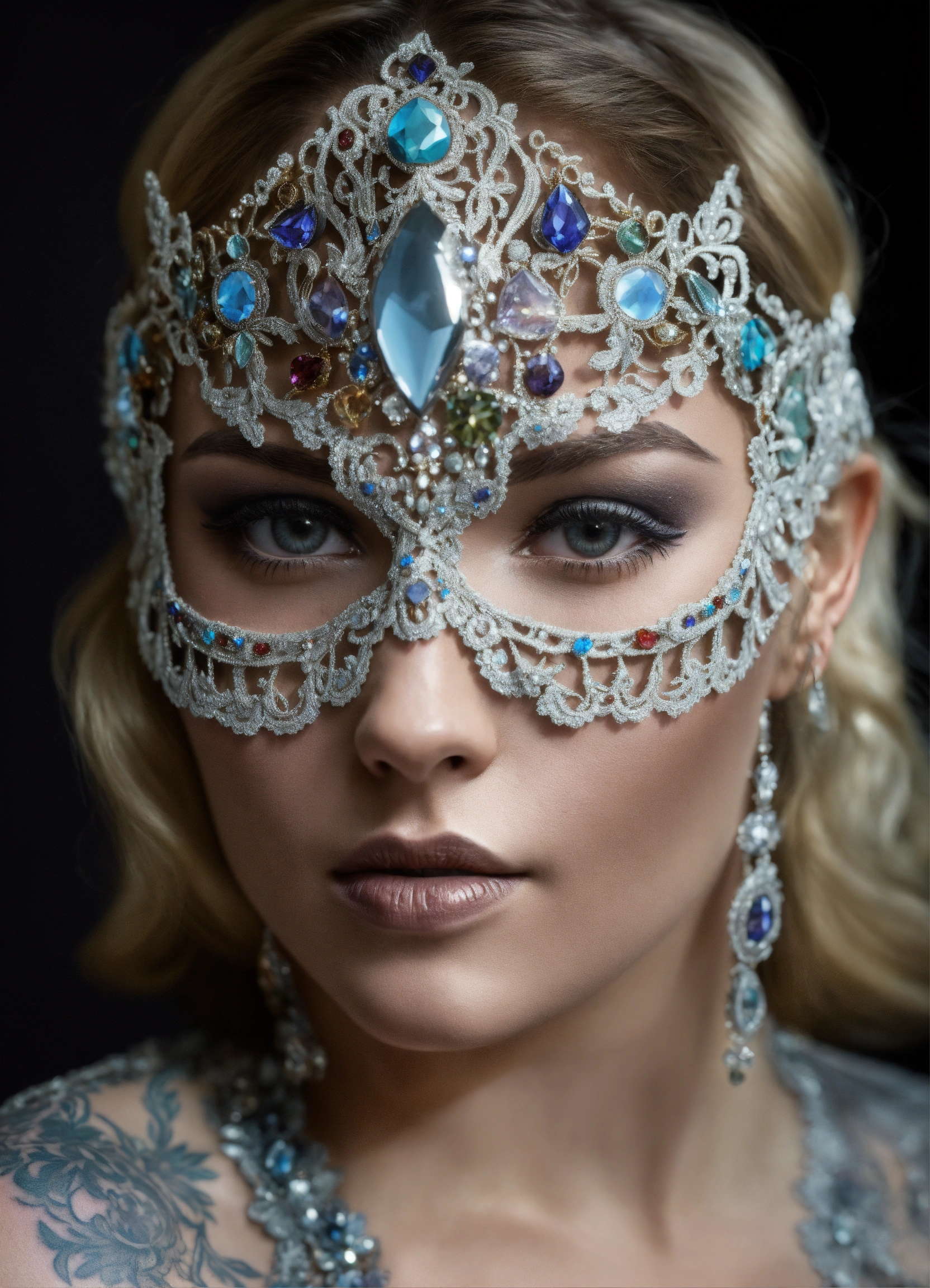 Lexica - A woman wearing luxurious silver tatted lace mask decorated ...
