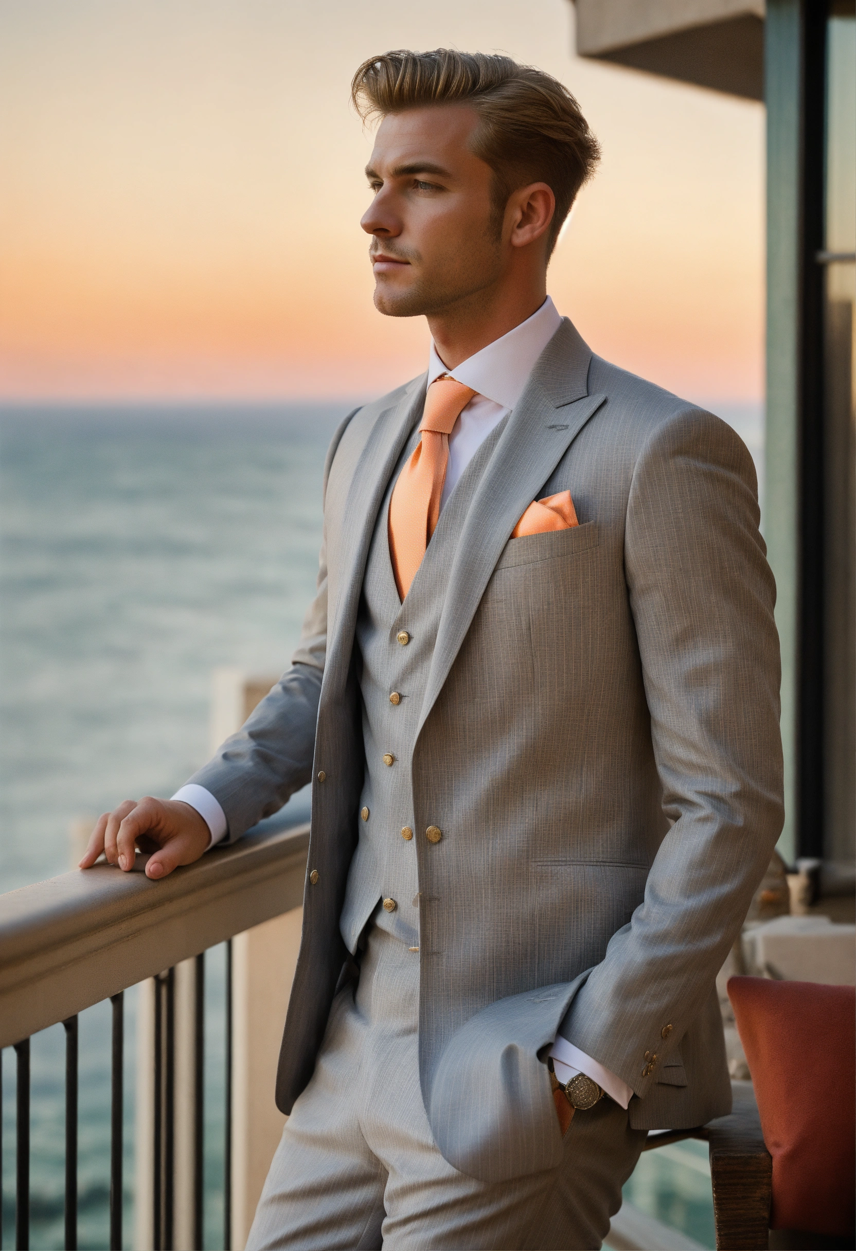 Lexica - A blonde male banker, light grey pinstripe vested suit, peach ...