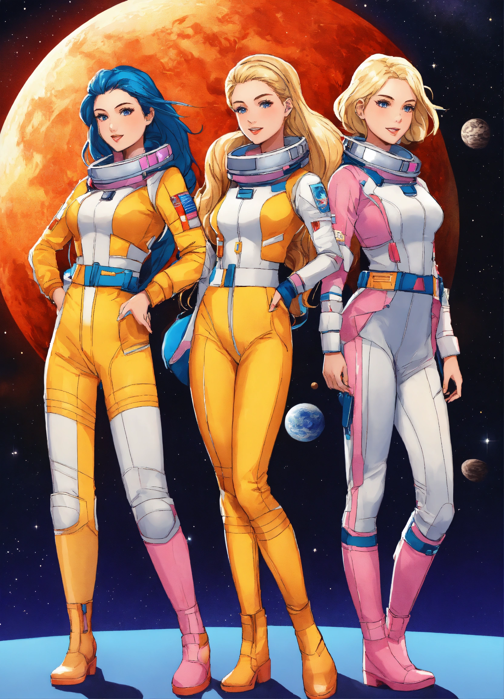 Lexica - Three girls in space clothes, one girl is blond, two girls are ...