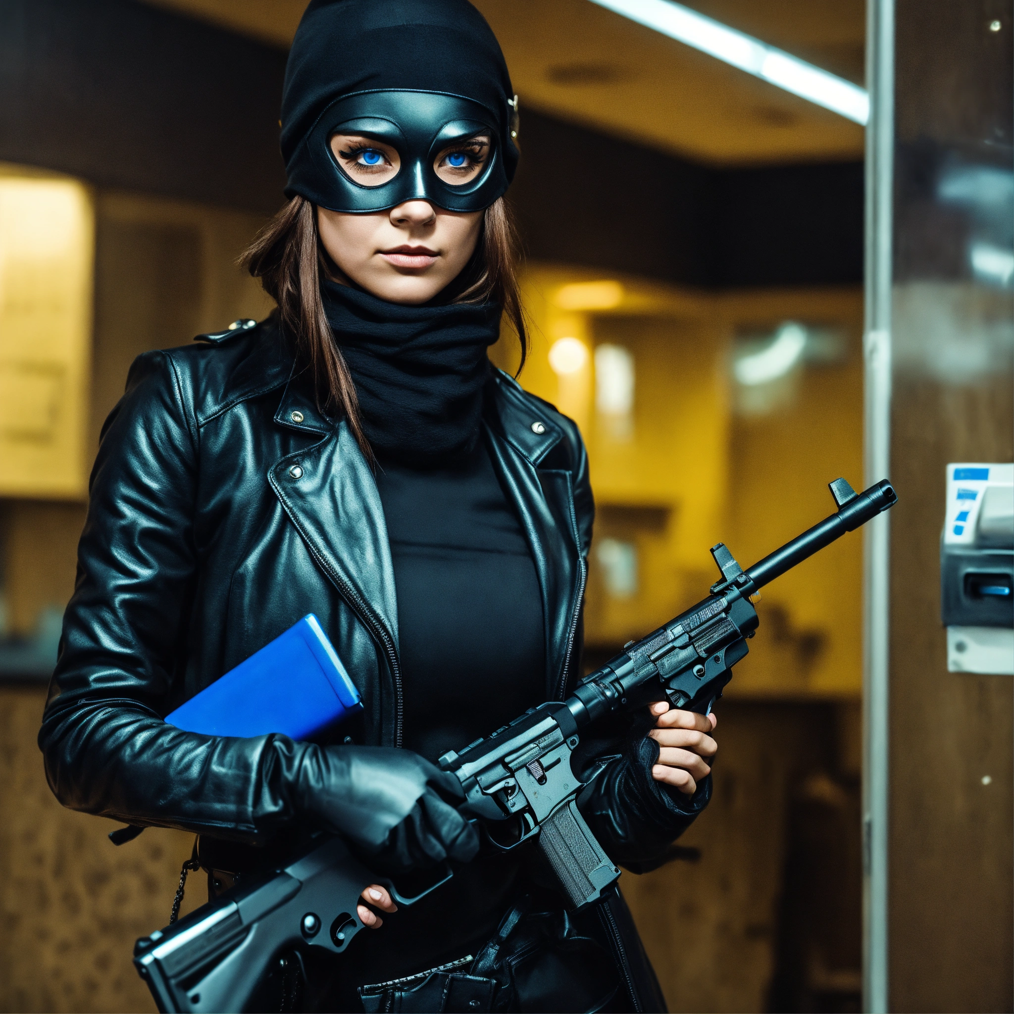 Lexica - Criminal woman with blue eyes a mask and a gun waiting to ...