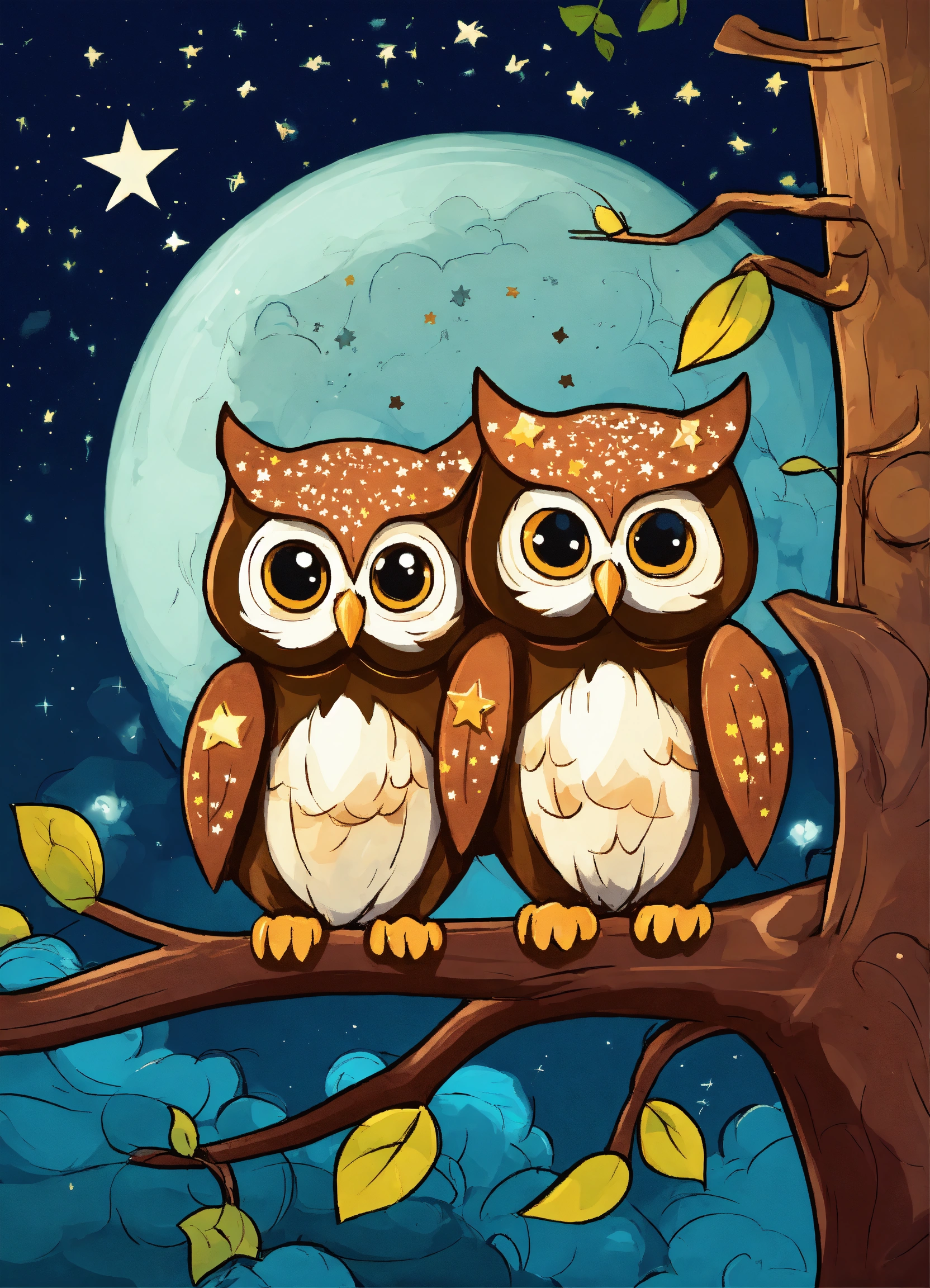 Lexica - Cartoon two owls sitting on a tree branch, one owl has a bow ...