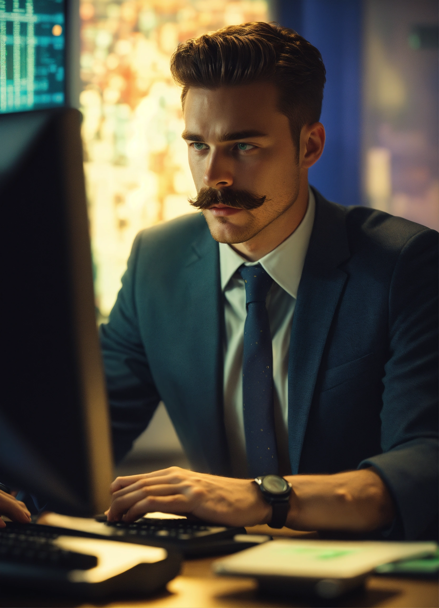 Lexica - Young, white male investment banker with mustache sitting at ...