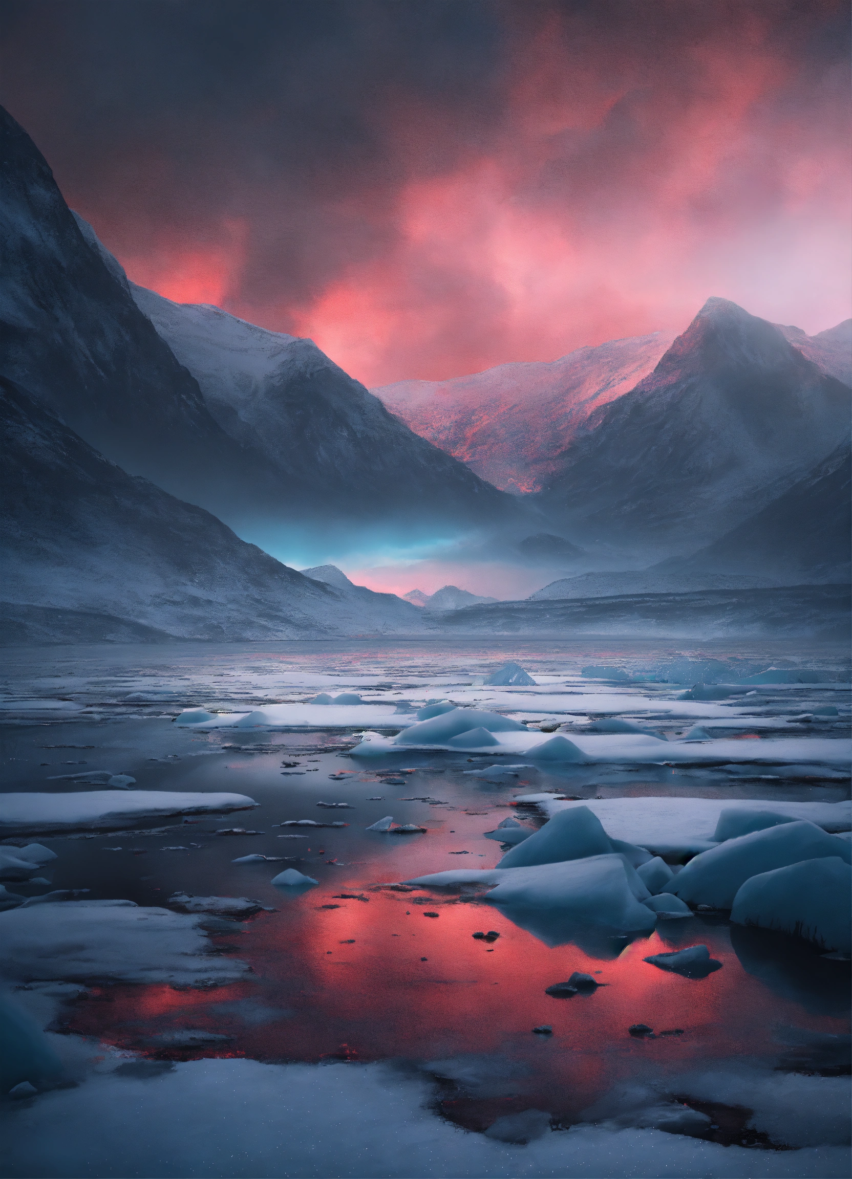 Lexica - Massive frozen lake in hell, eerie vibes, digital art