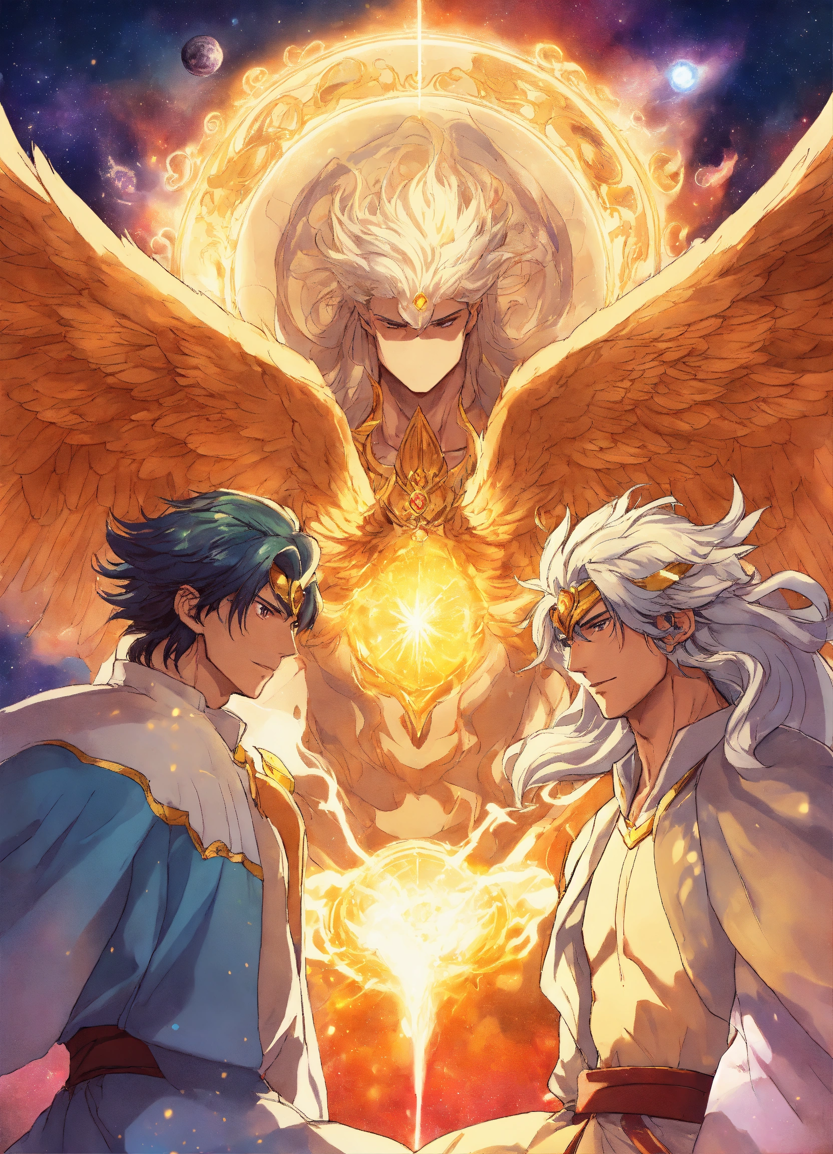 Lexica - 3 latín male celestial beings merging, a ray from the heart ...