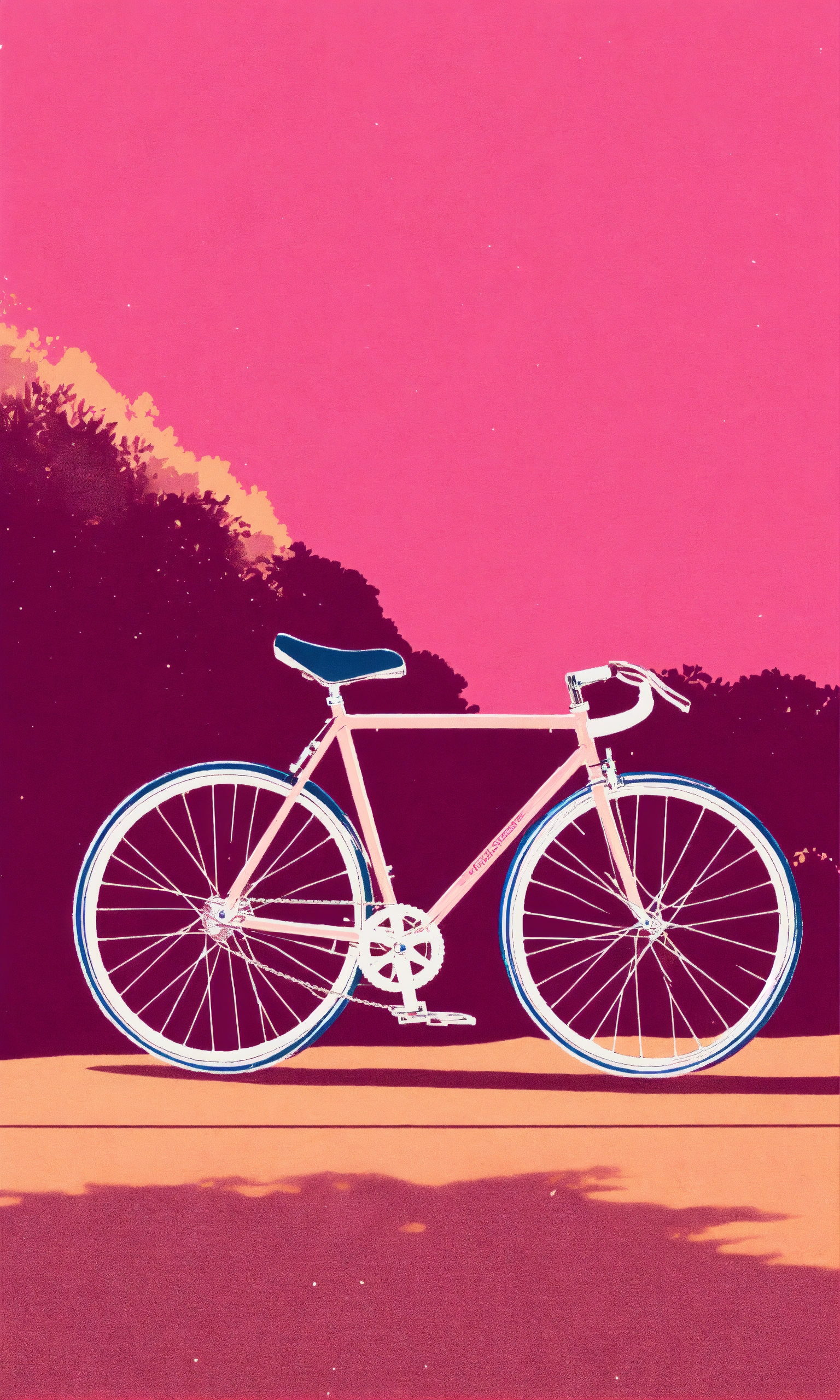 Lexica - 1970s Single speed racer bicycle muted mauve hues low angle 45 degrees risograph