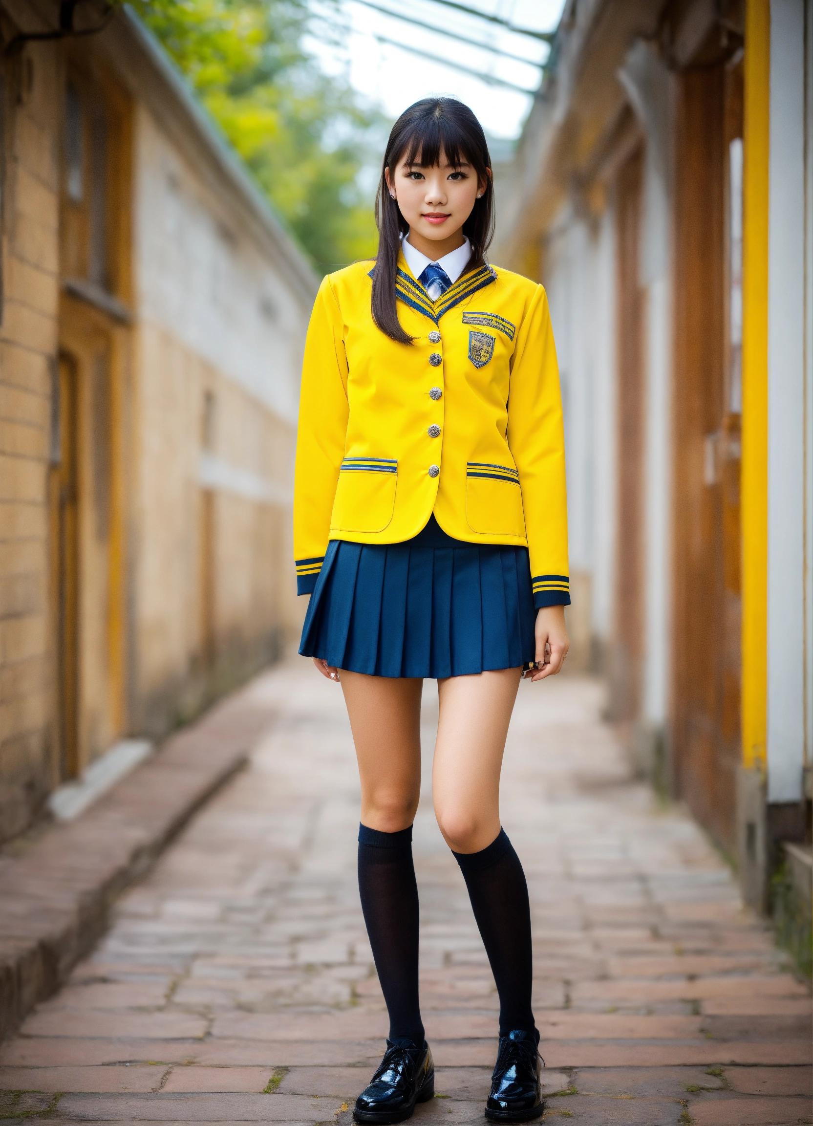Lexica - Girl in glossy yellow school uniform miniskirt