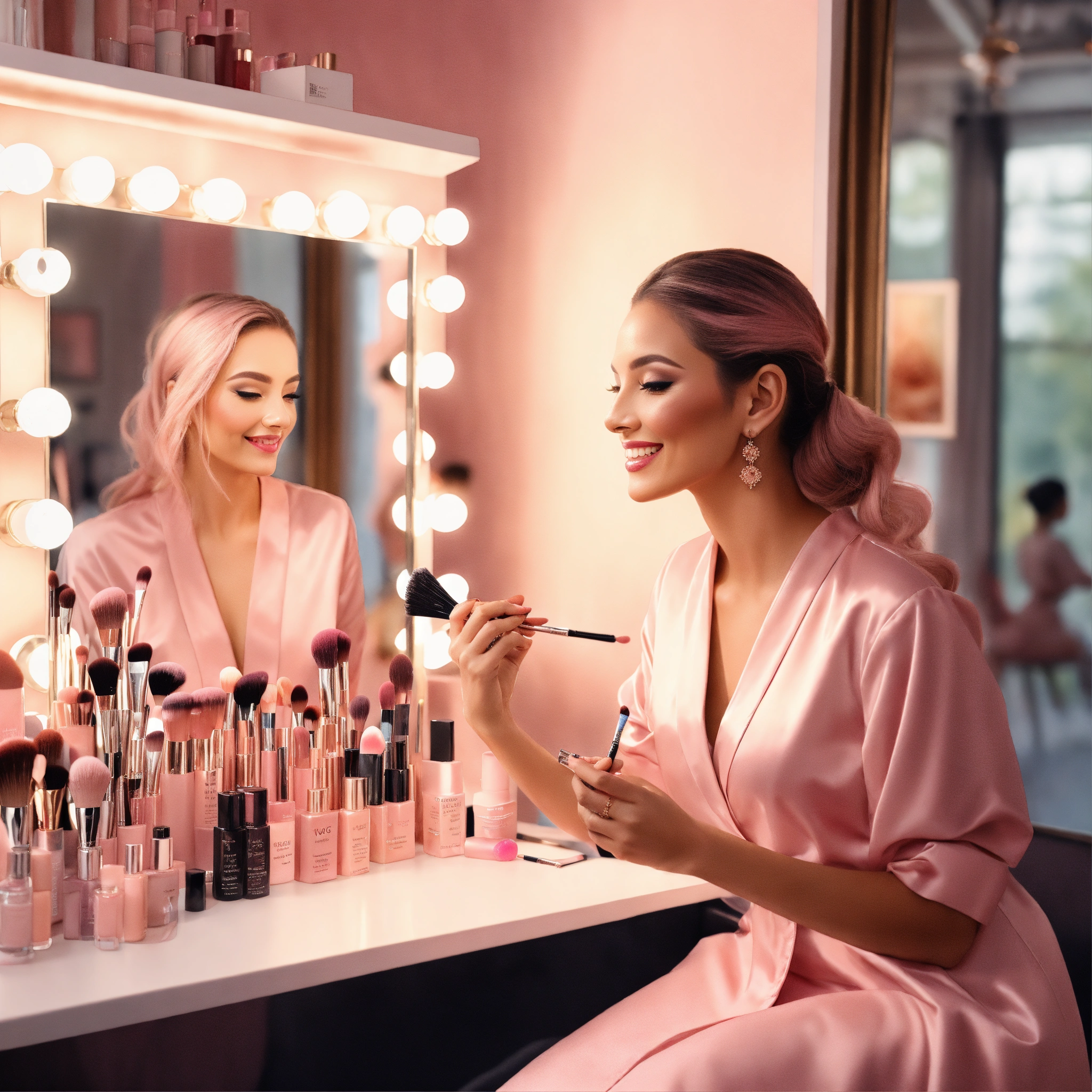 Lexica - A beautiful makeup artist puts on makeup a beautiful client ...