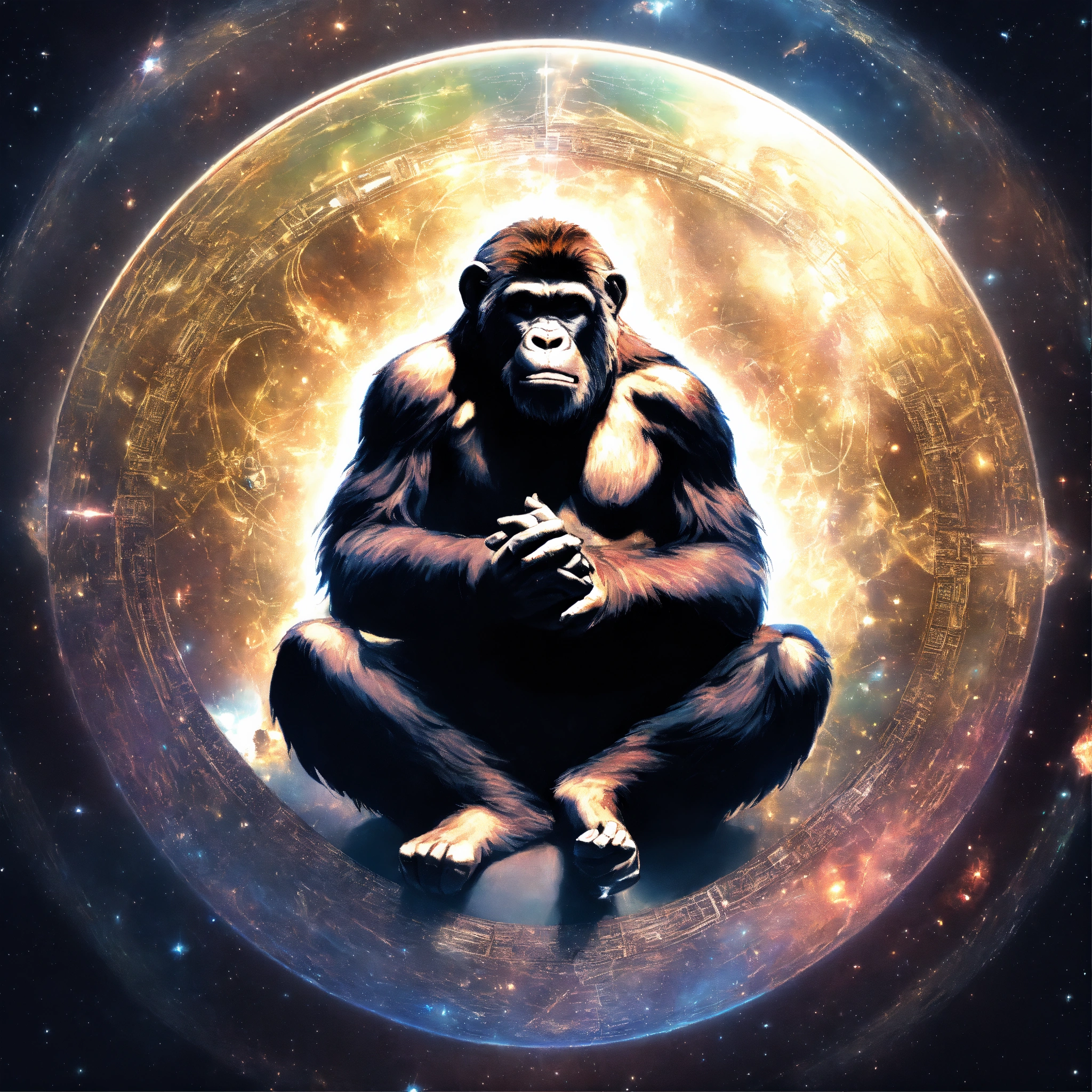 Lexica - Apes praying to a human god in space, in circle image ...