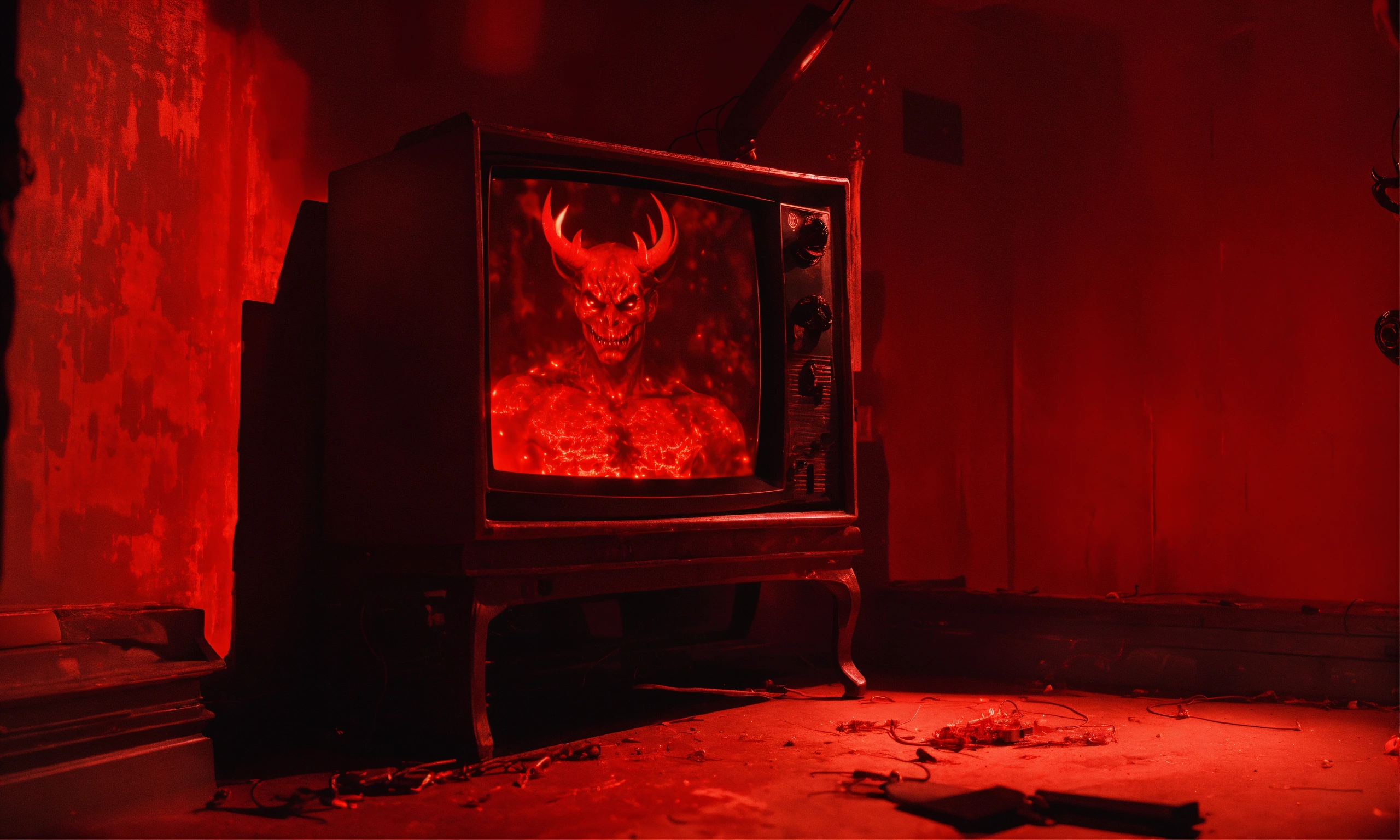 Lexica - In a spooky room in Hell, an old TV set flickers in the corner ...