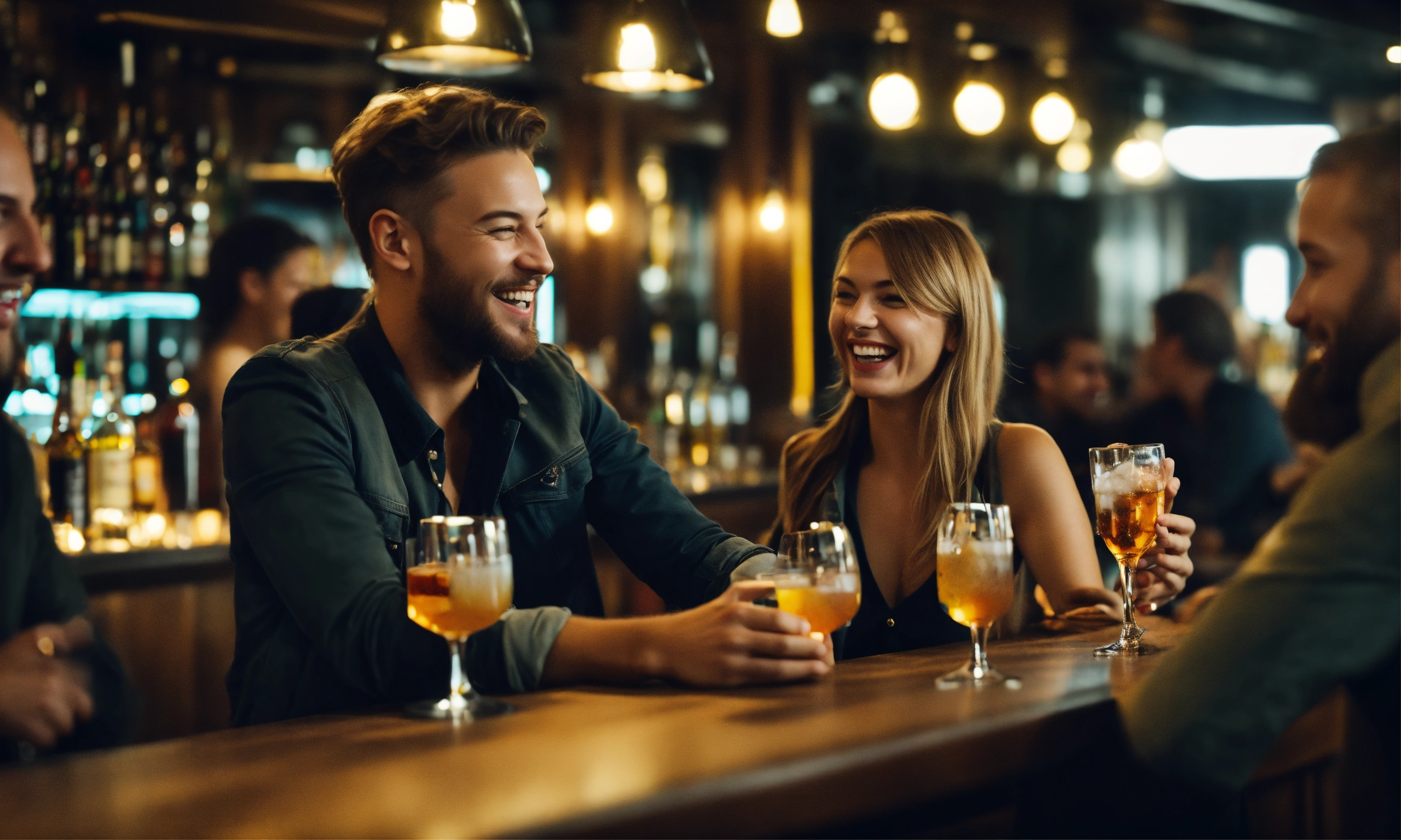 Lexica - Happy people trinking and laugh in a modern bar, behind is the ...