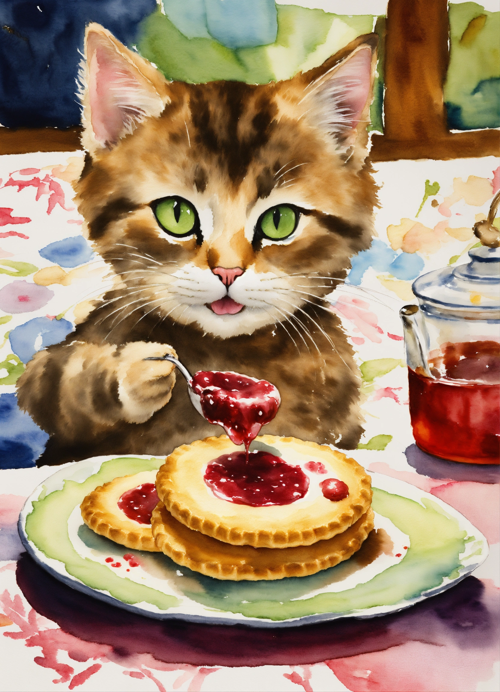 Lexica - Happy cat eating jammy dodger at a tea party , water-colour