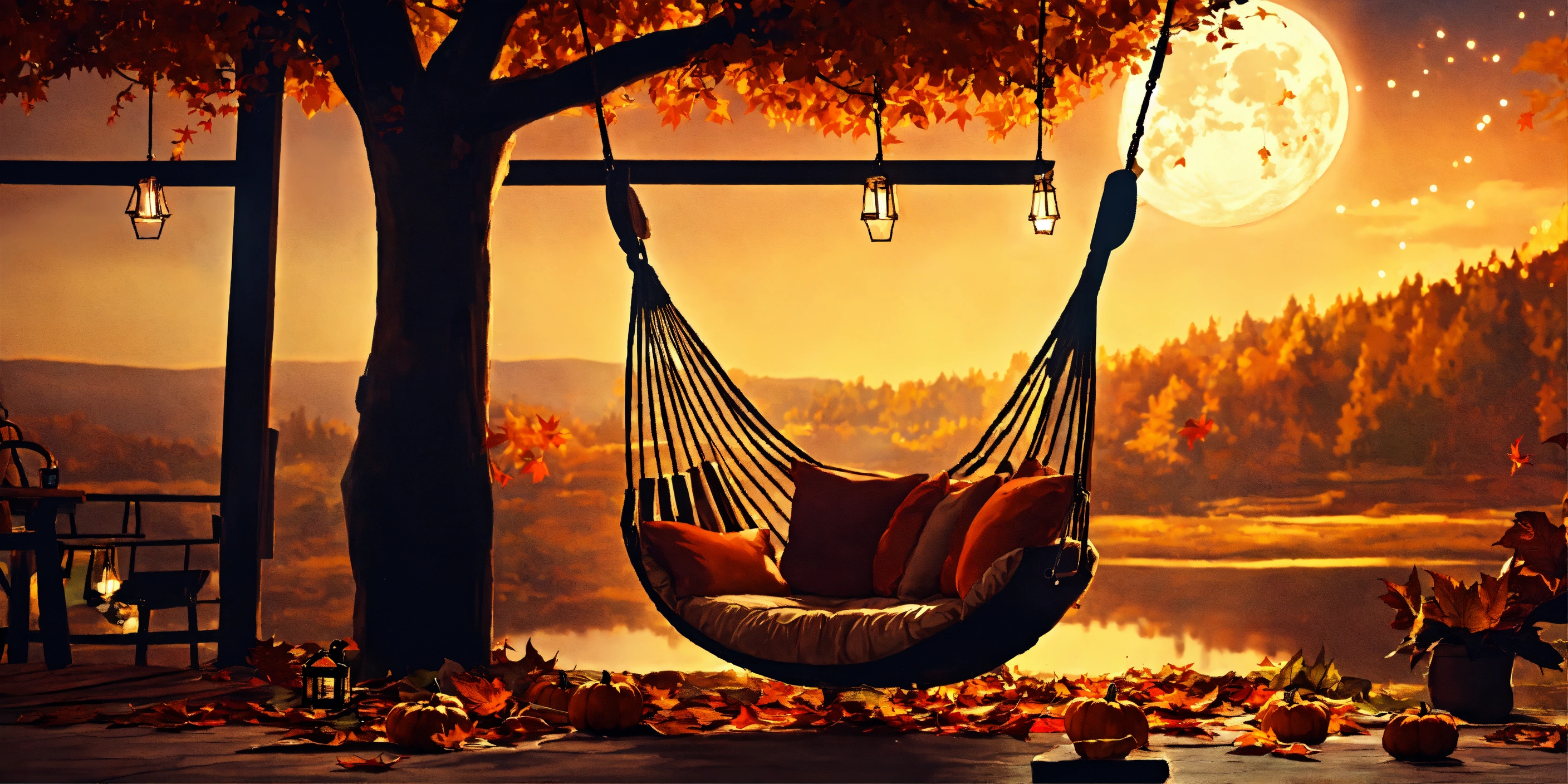 Lexica - Fall vibe patio, hanging comfy couch swing, fall landscape ...