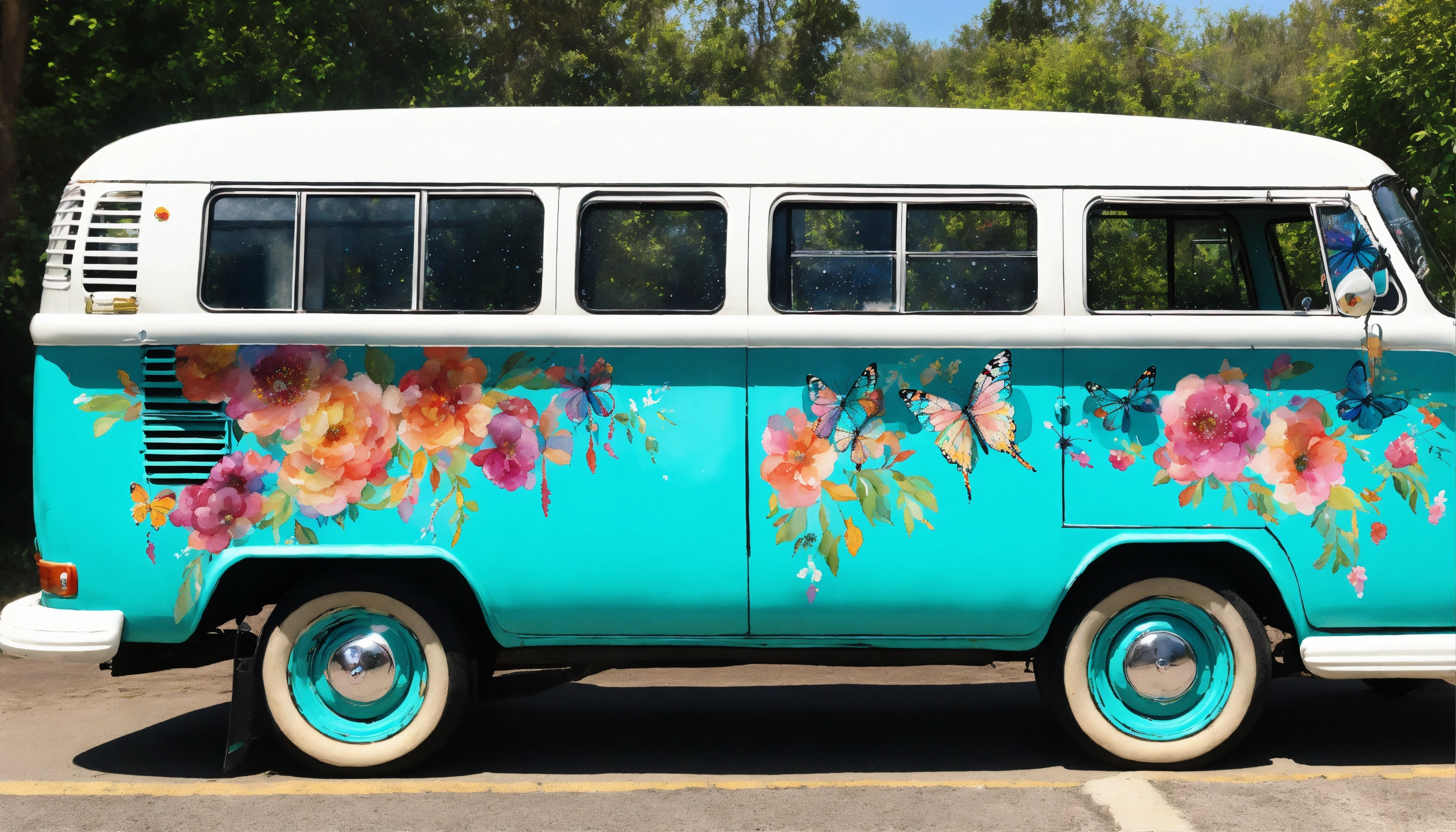 Lexica - Concept art of hyper realistic turquoise Volkswagen bus, paint ...