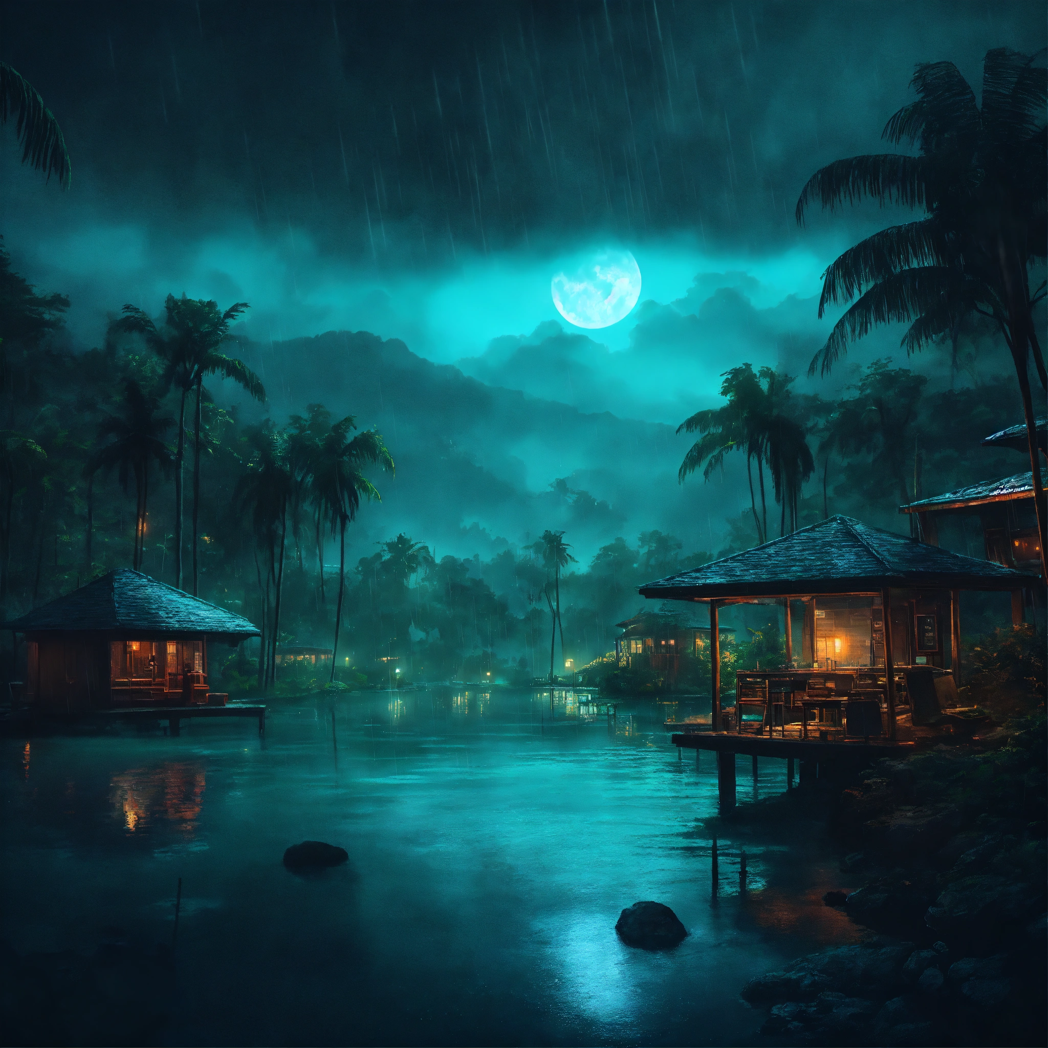 Lexica - Beautiful cozy lagoon view of a technothriller lagoon at night ...