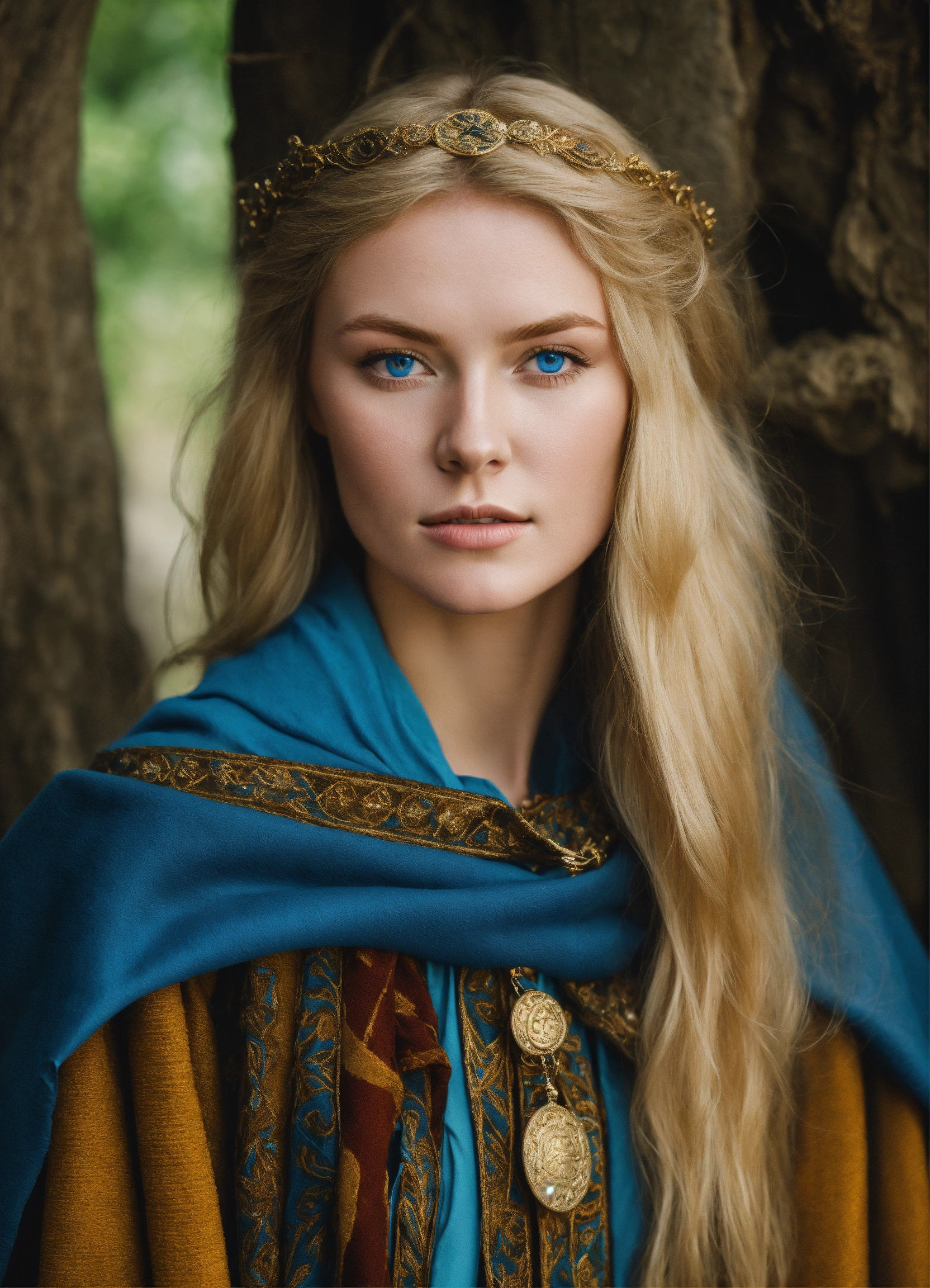 Lexica - Anglo saxon blonde woman with blue eyes and blue cloak