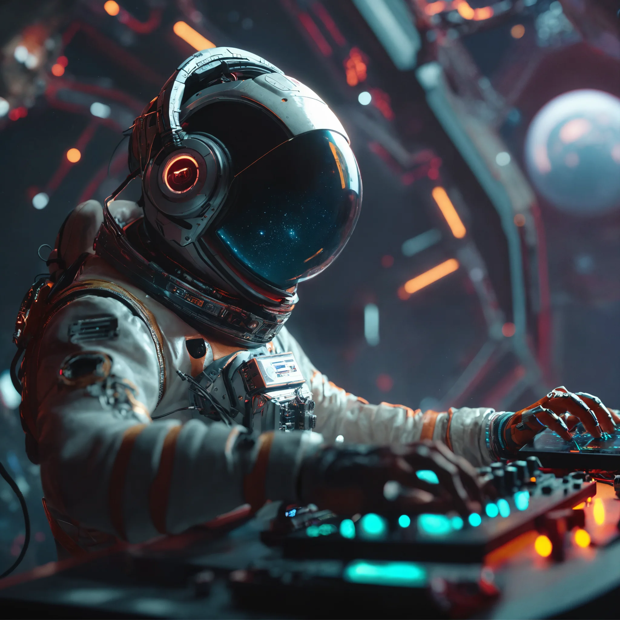 Lexica - A cyborg deejay in space, cinematic, 8k