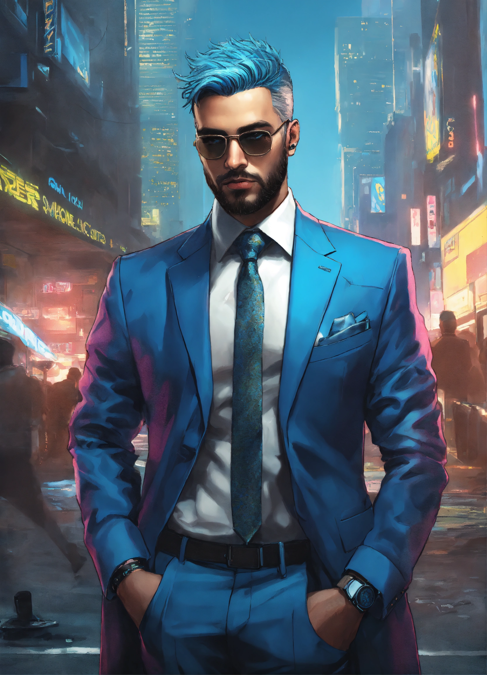 Lexica - Cyberpunk Arabic business man soft blue hair in business suit ...