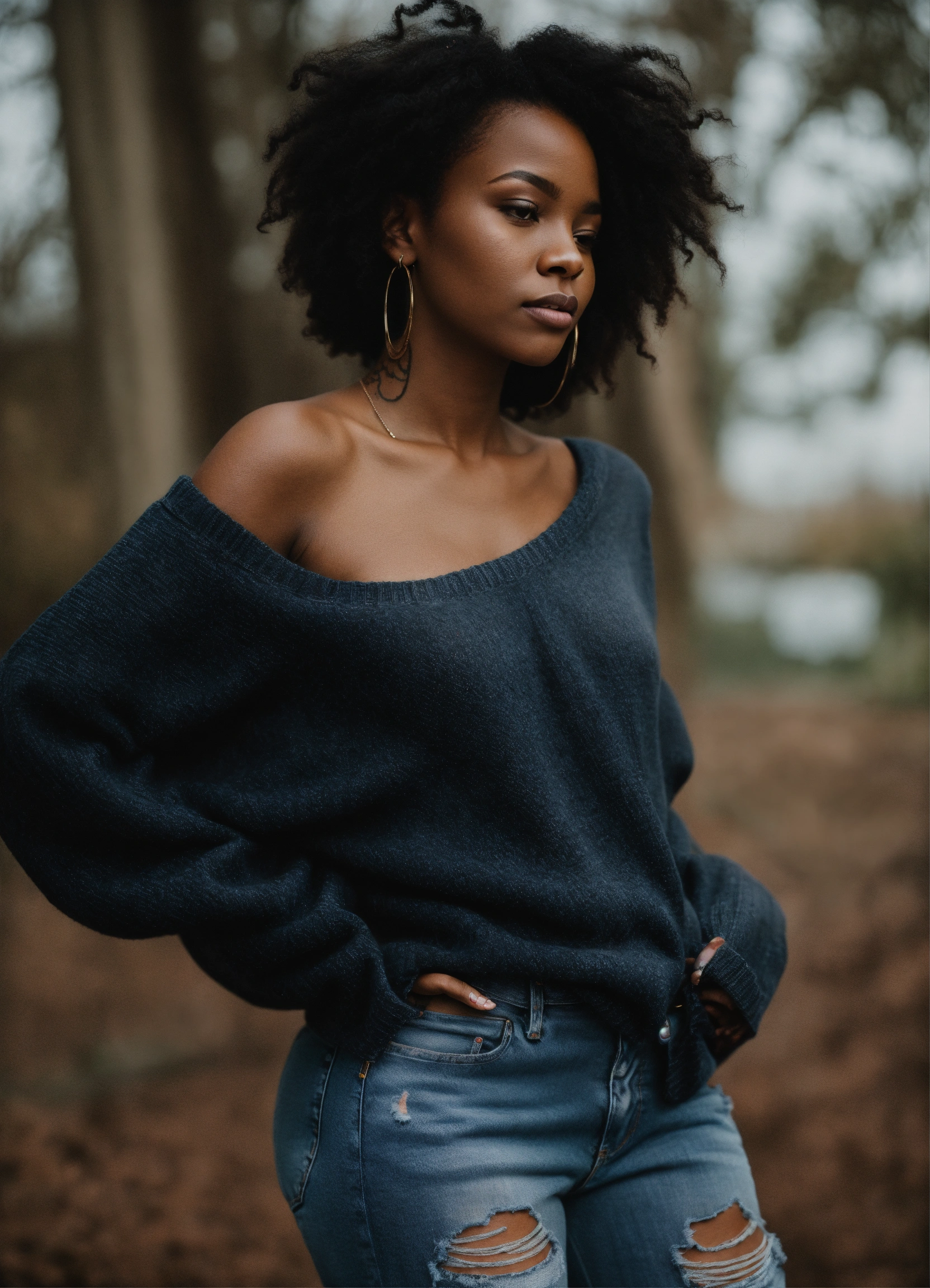 Lexica - Beautiful Black Female, hazy look, slouchy sweater, facing ...