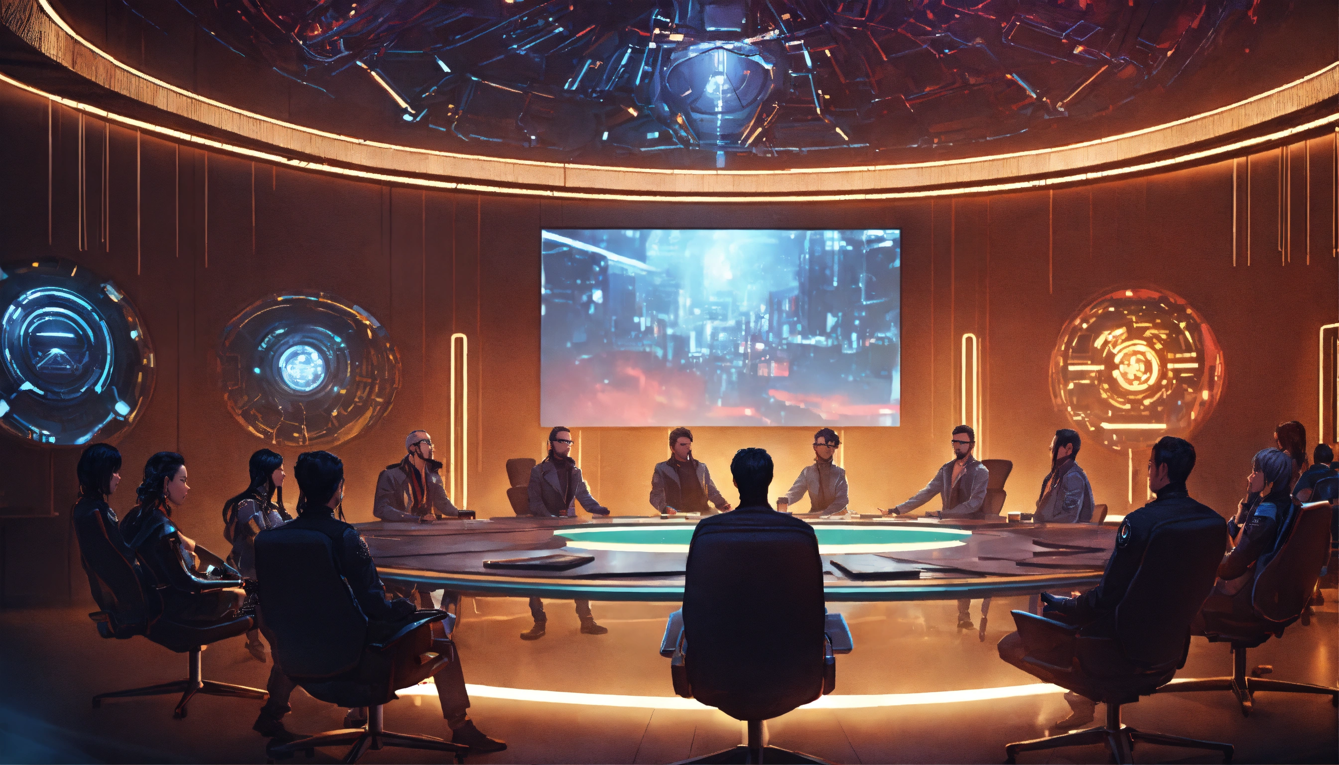 Lexica - Conference room, people siting on chairs around the cybernetic ...