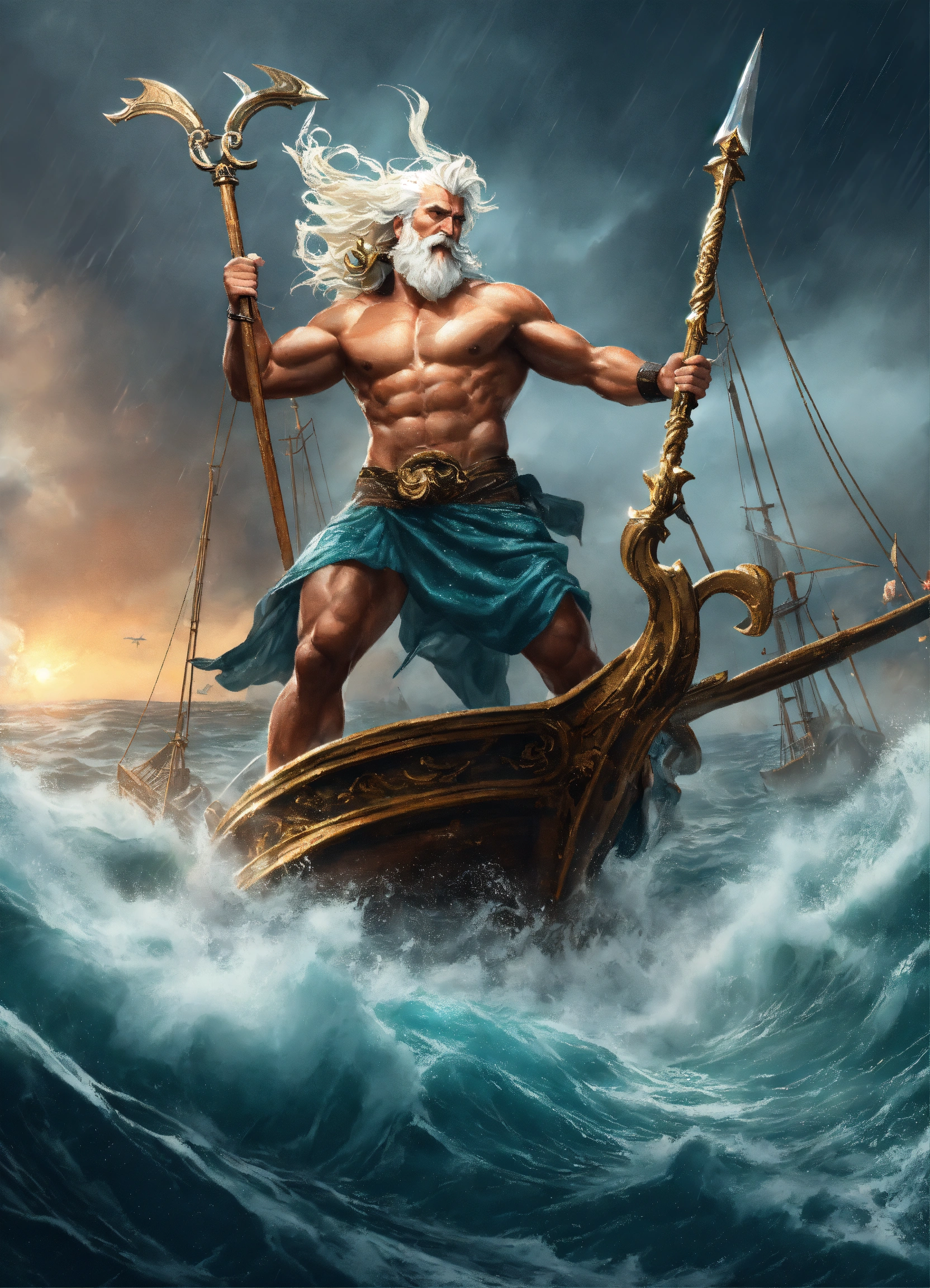 Lexica - God Poseidon emerging from a raging sea, harpooning his ...