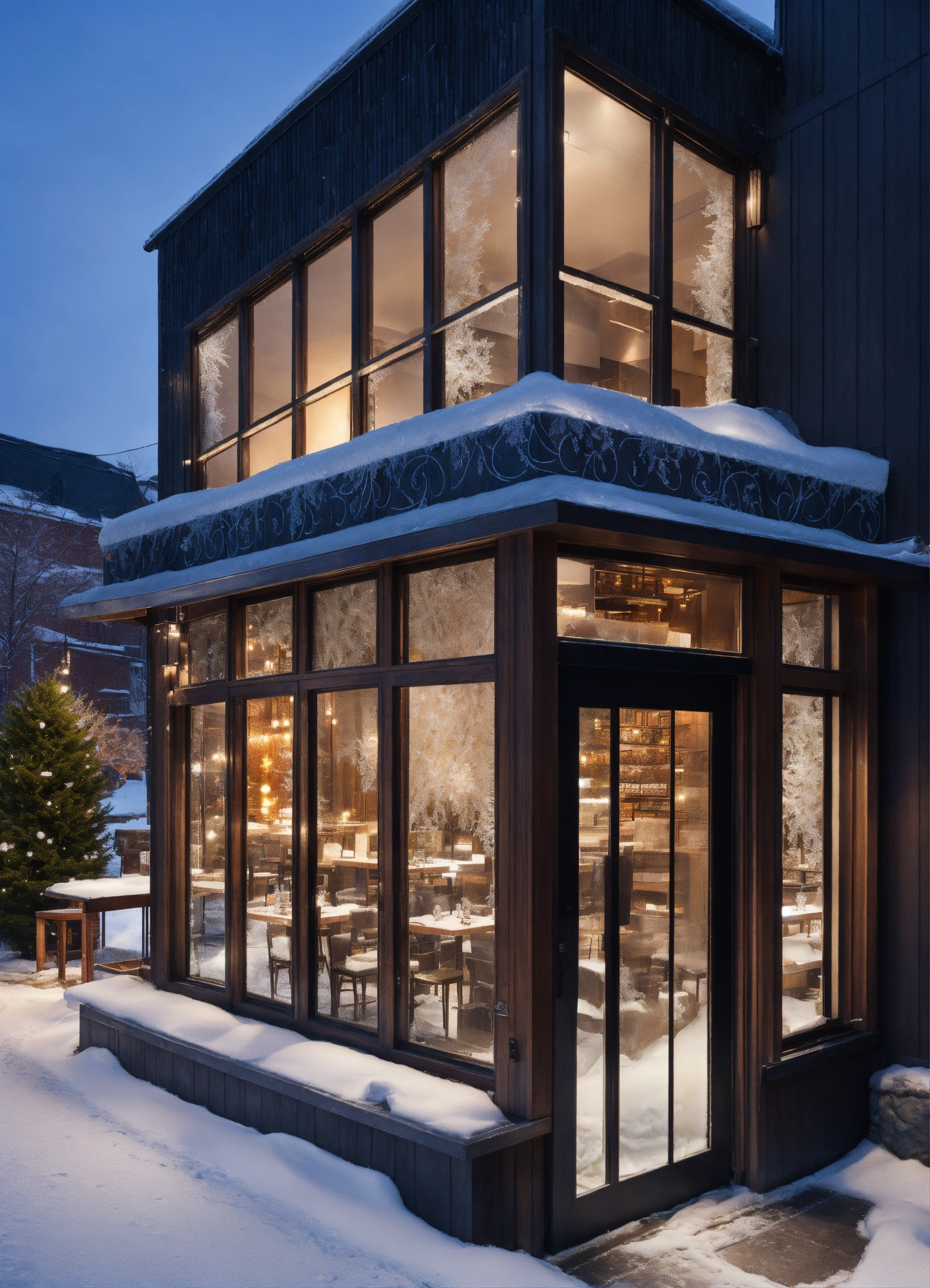 Lexica - Front view of a restaurant exterior entrance in winter, blend ...