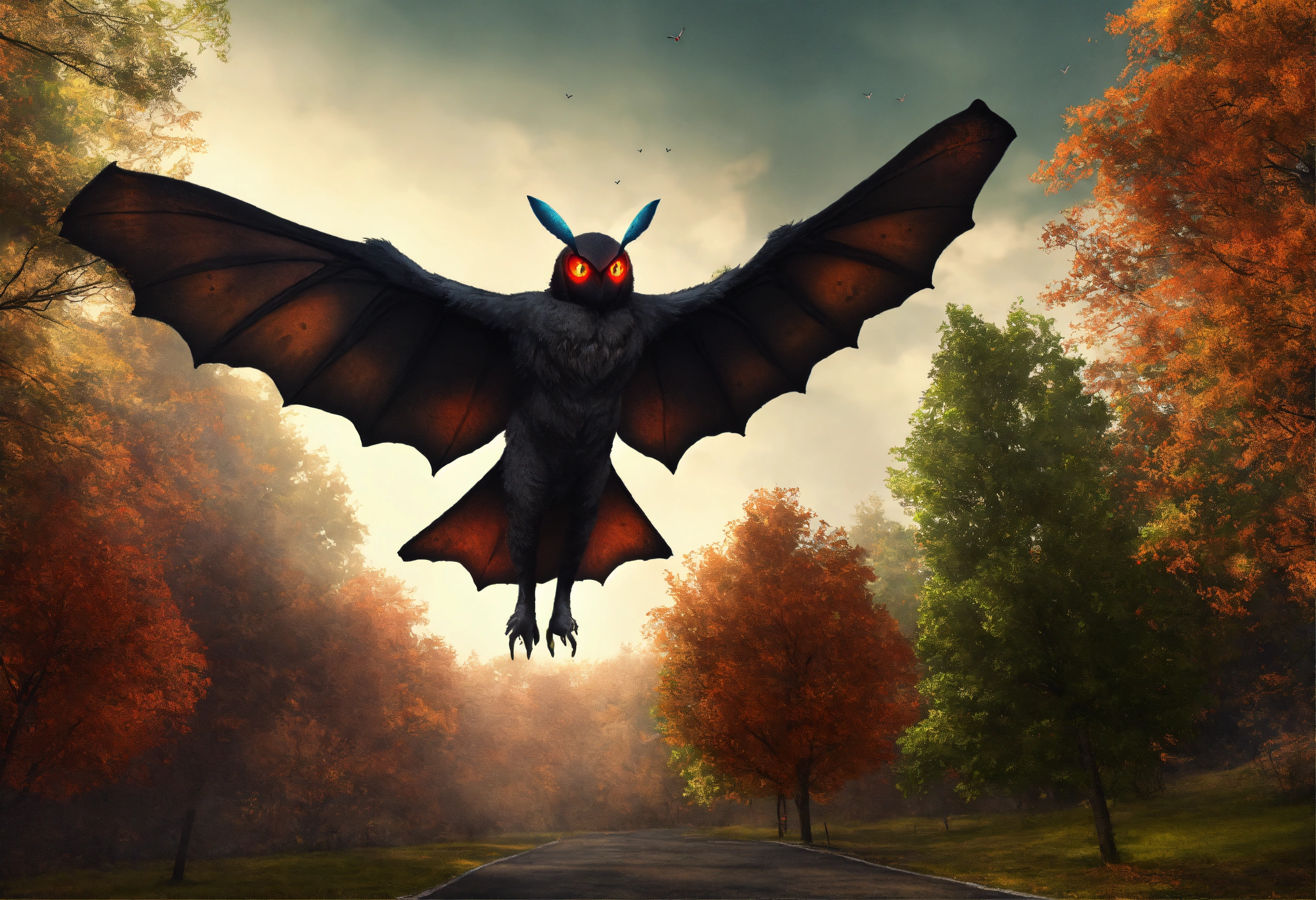 Lexica - Photorealistic mothman flying over trees