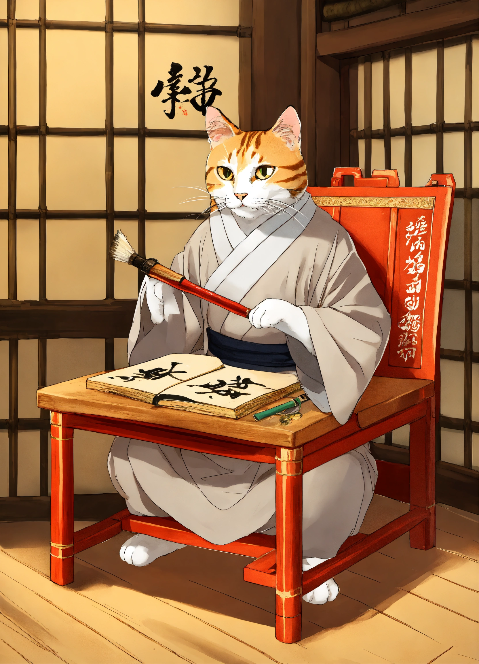 Lexica - A cat portraying an ancient scholar, sitting on a bamboo chair ...