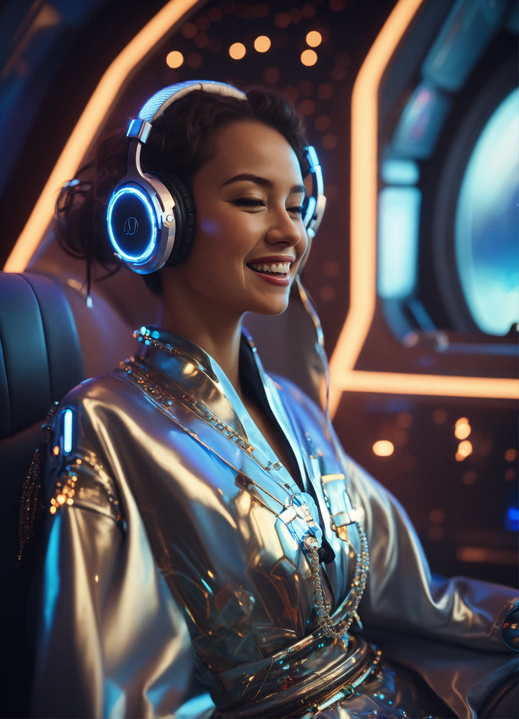 Lexica - Zoom out from a beautiful. laughing humanoid, wearing a fancy ...