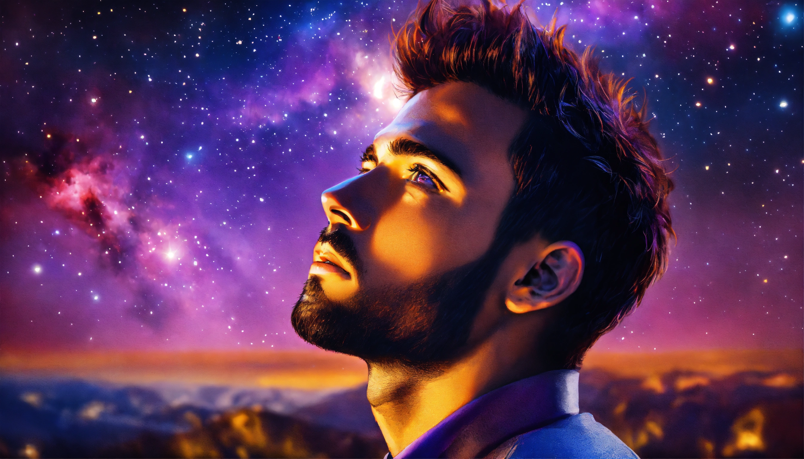 Lexica - Handsome man, looking up at the universe in the background, 4k ...
