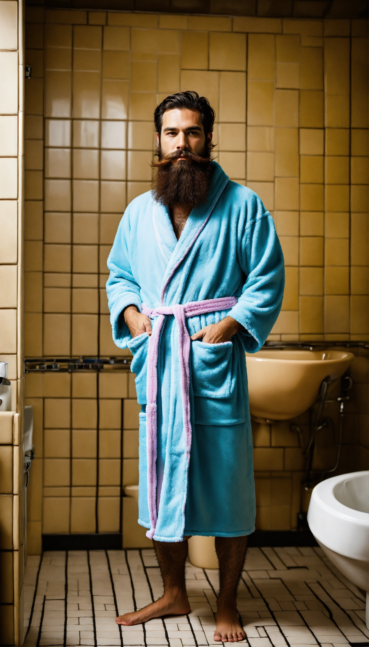 Lexica - Man in a bathrobe with long groomed beard in bathroom with ...